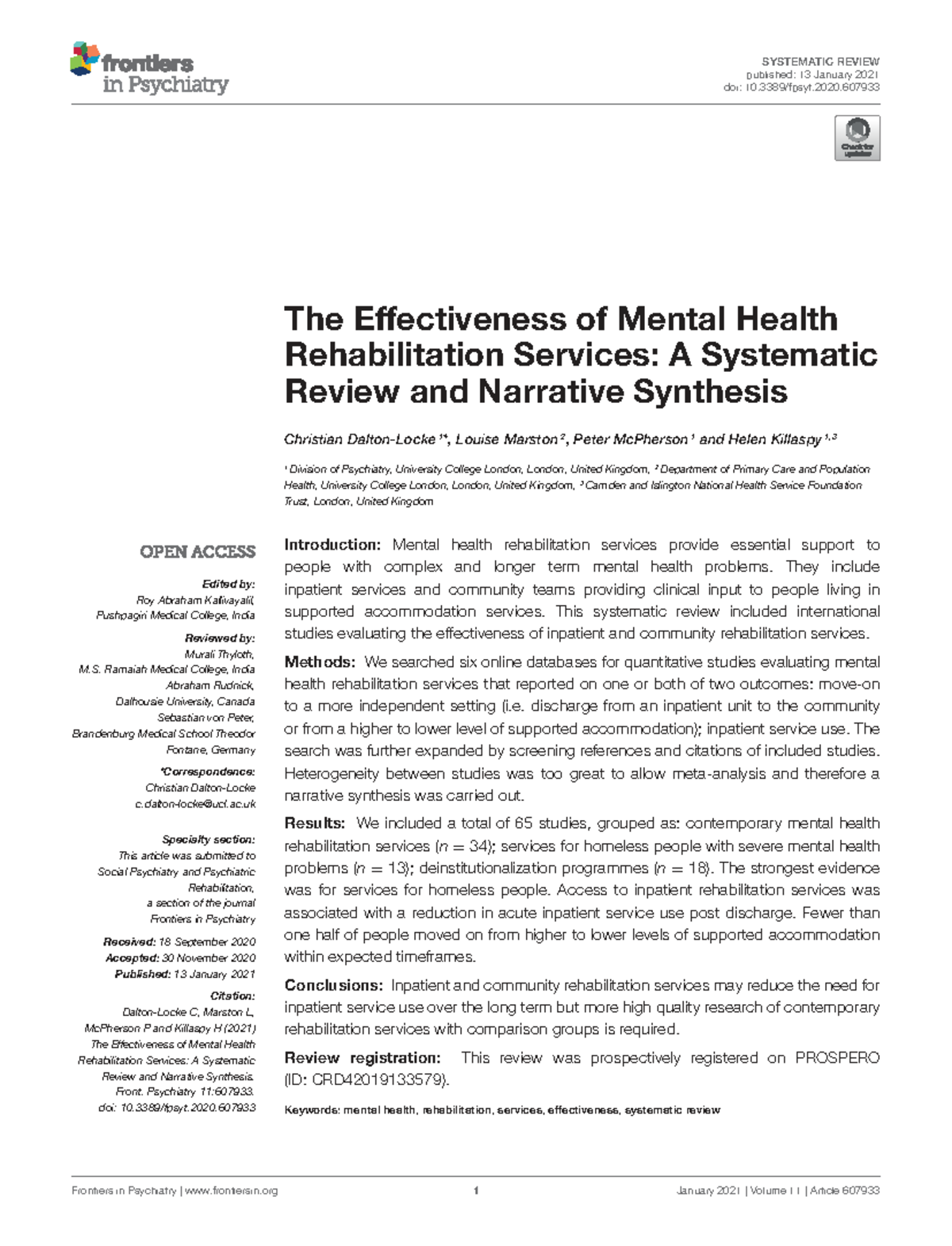 The Effectiveness of Mental Health Rehabilitation Services: A ...