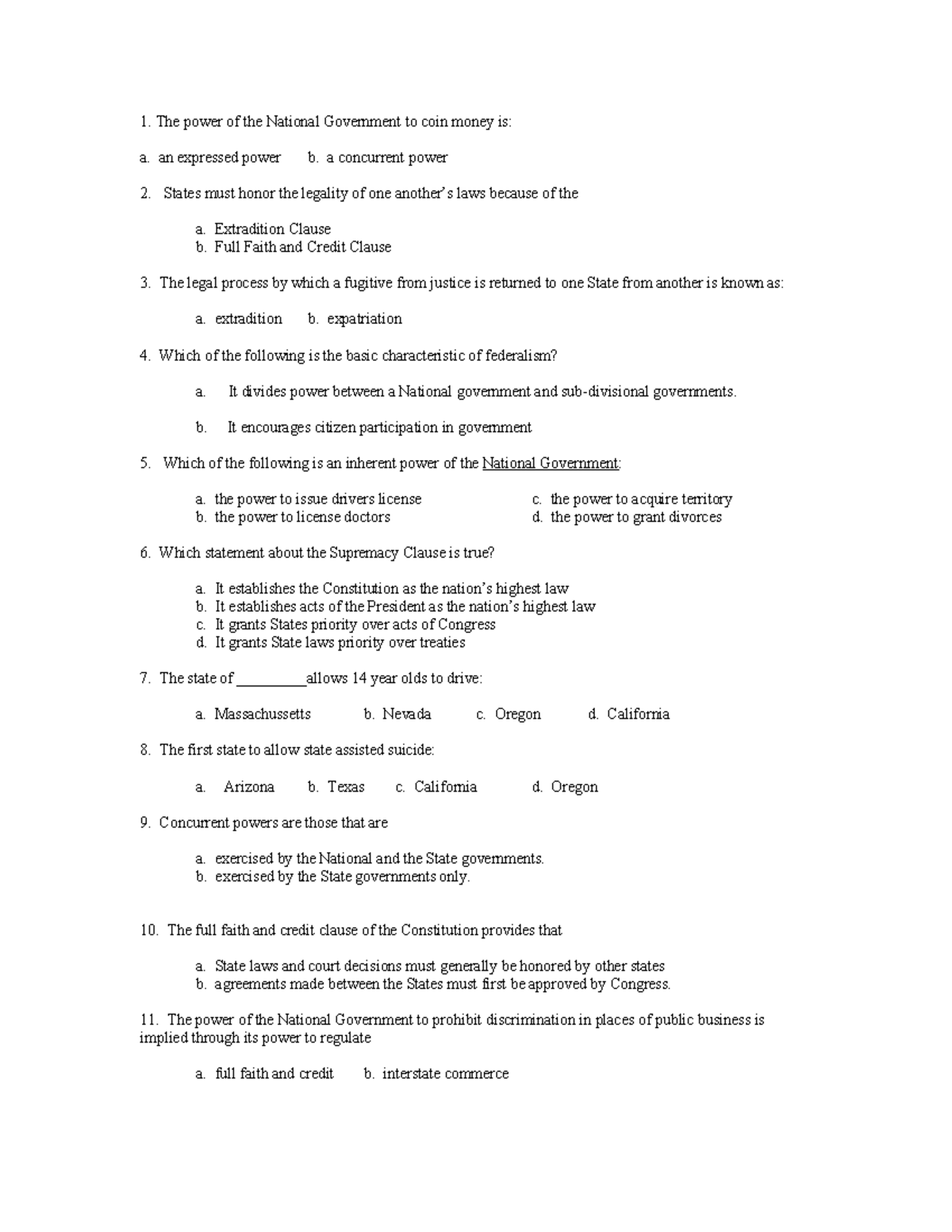 AP Gov - Federalism - Practice Test Questions and Answers - Studocu