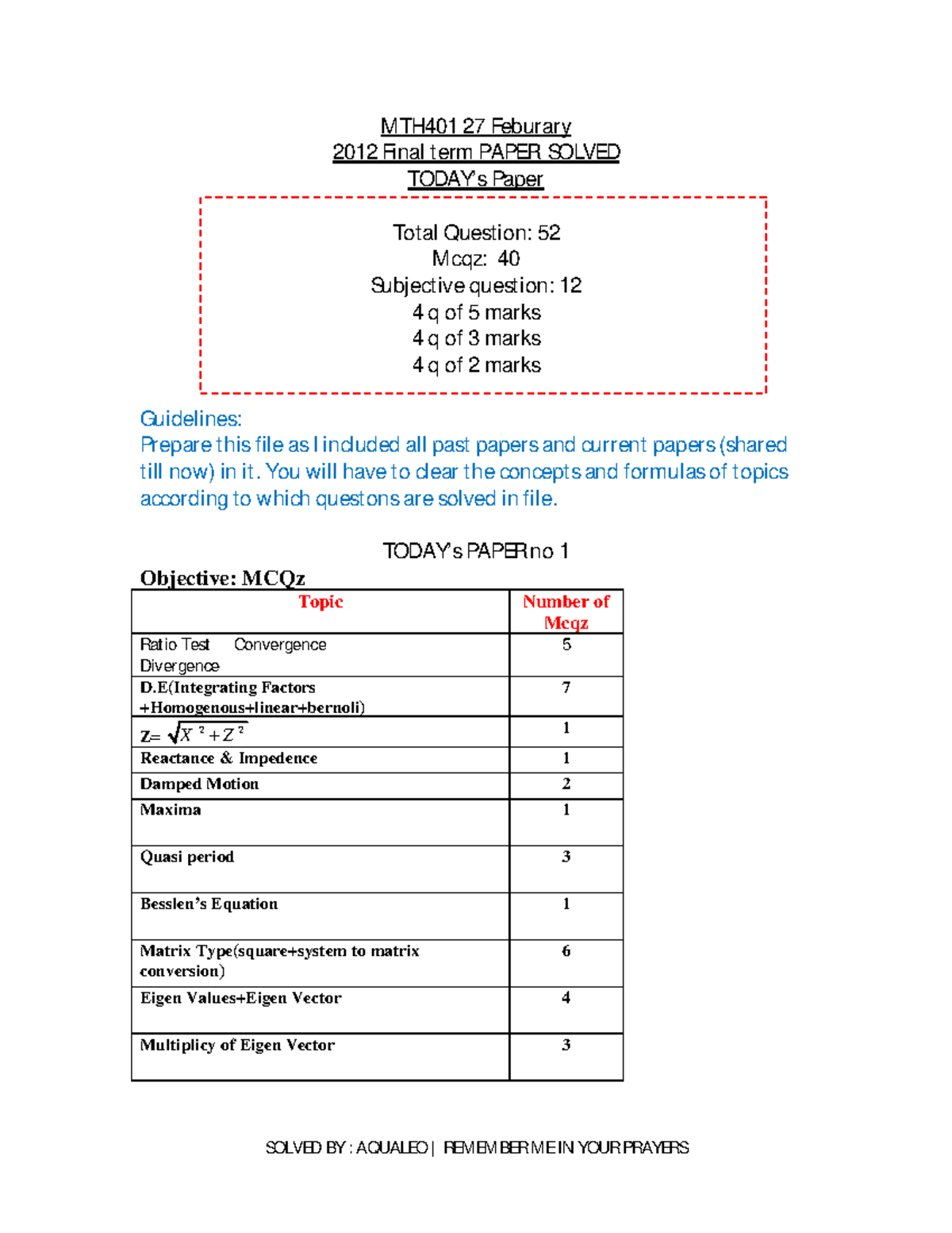 MTH401 Final Term Solved Paper with MCQs and Subjective Questions - Studocu