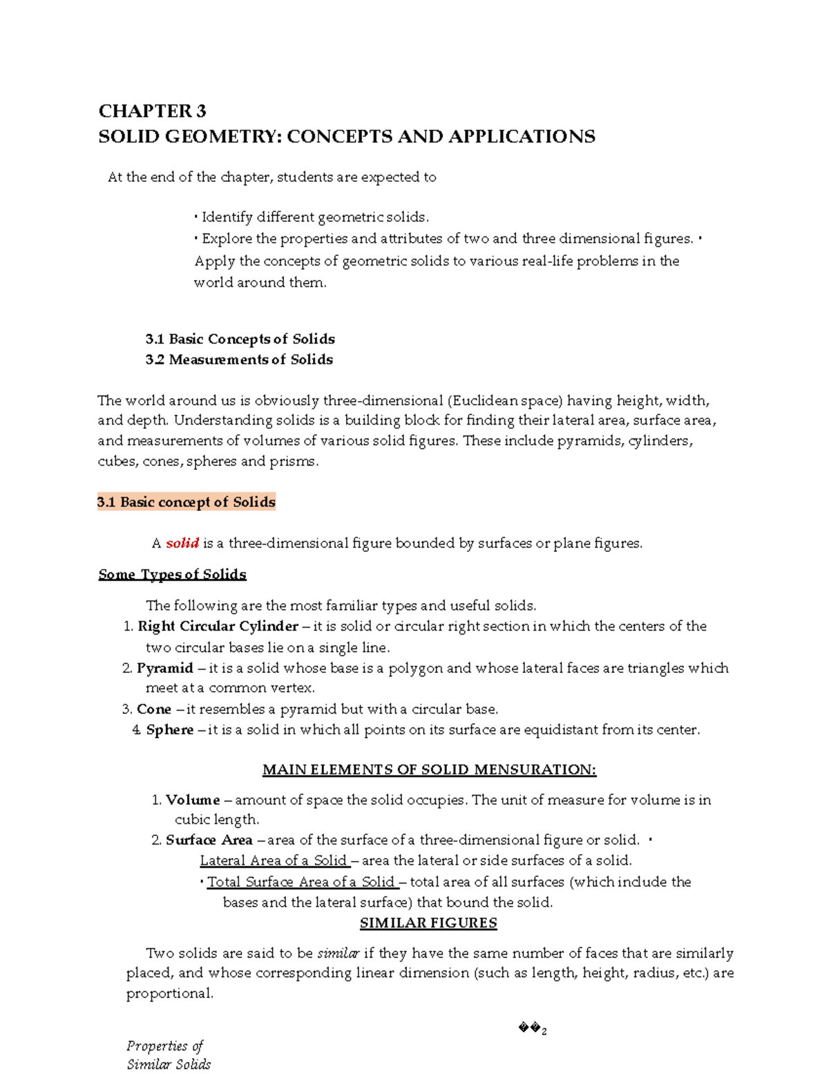 Solid Geometry Concepts and Applications - Chapter 3 Summary - Studocu