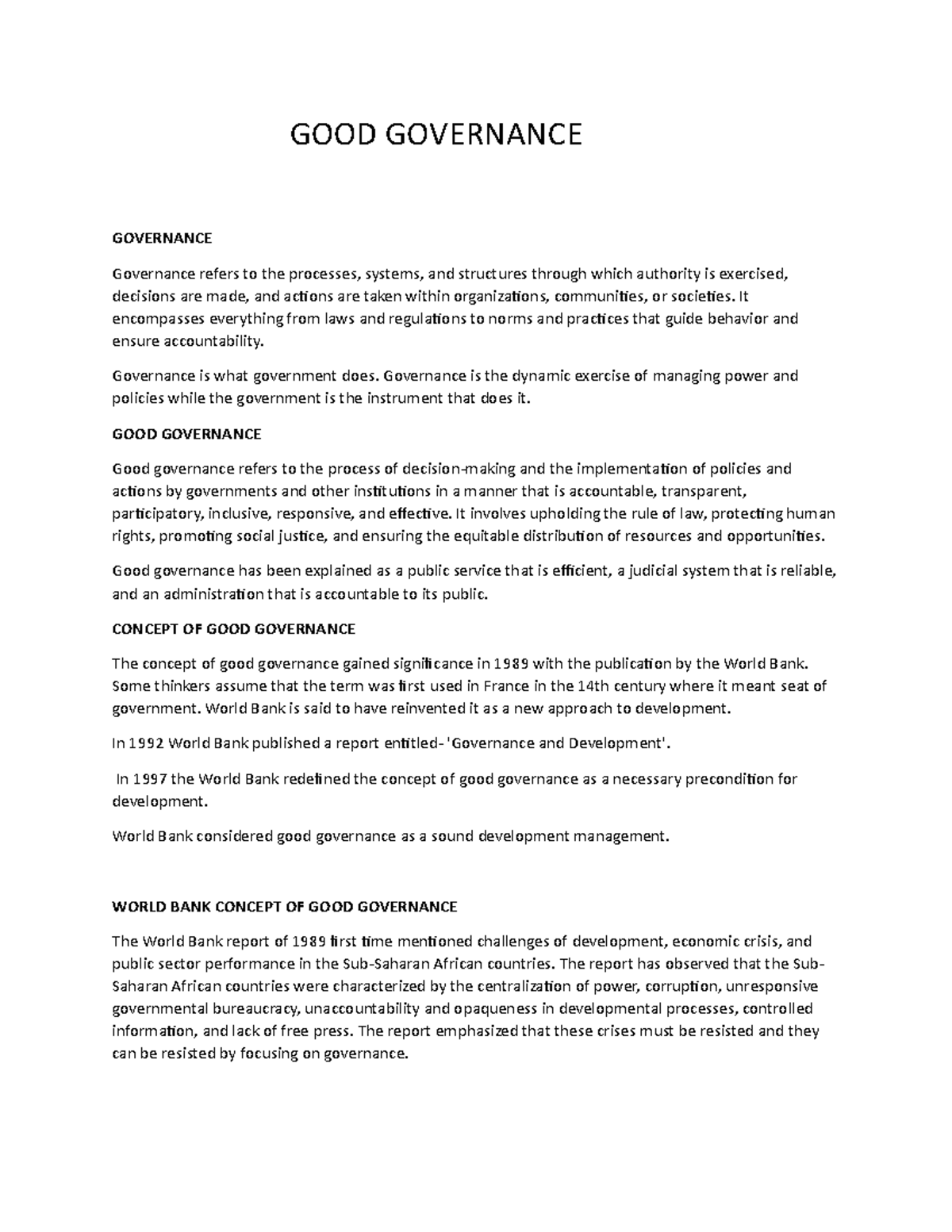 Understanding Good Governance: Key Concepts and Principles - Studocu