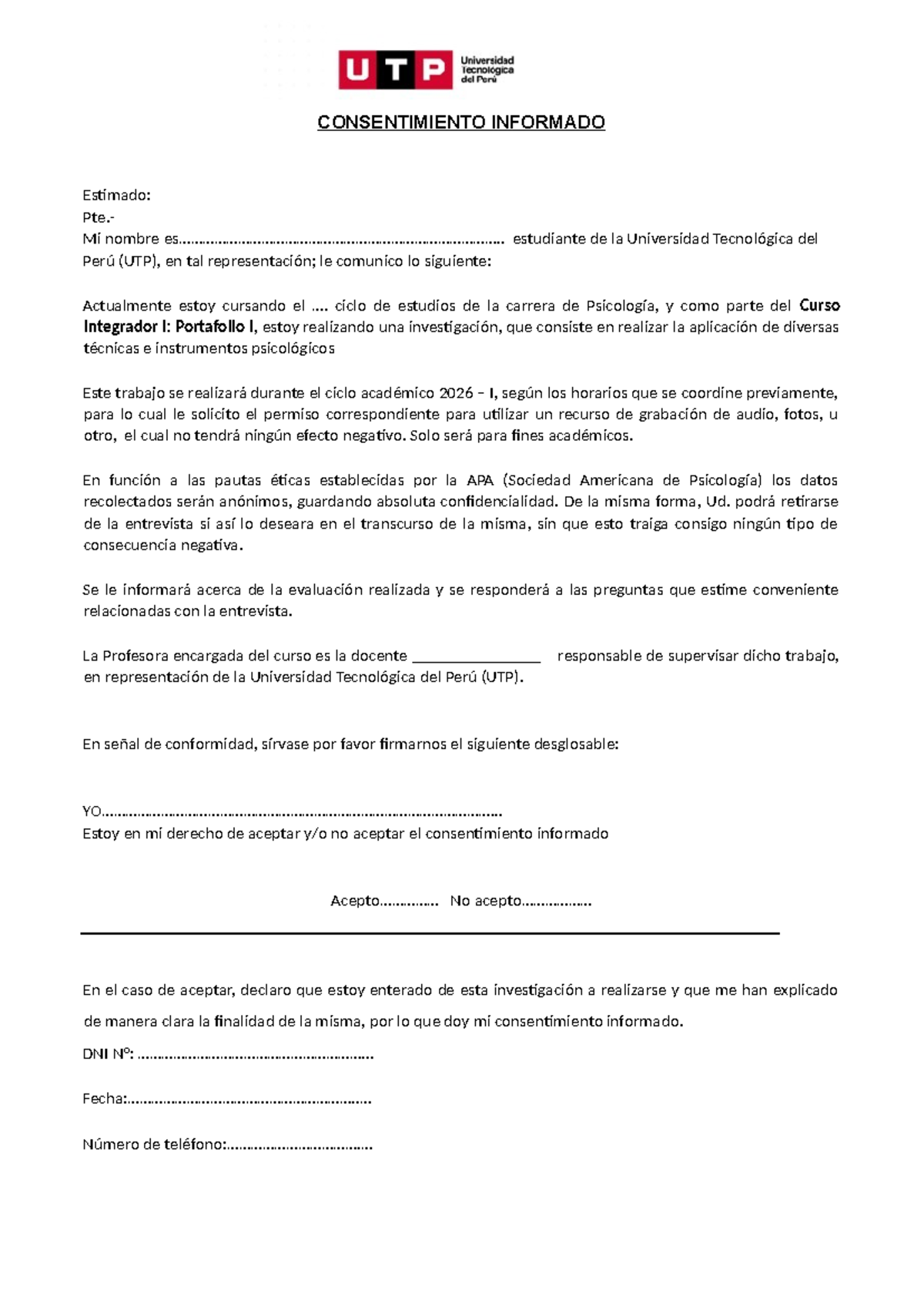 Modelo de Consentimiento Informado - Curso Integrador I (UTP) - Studocu