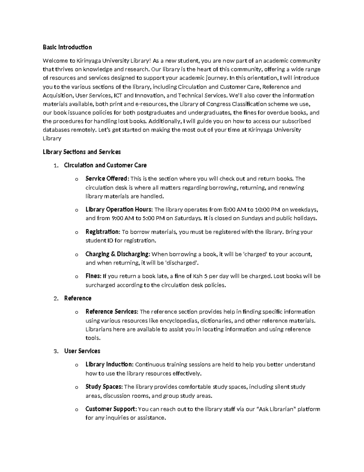 Kirinyaga University Library Orientation Session Guide for New Students ...