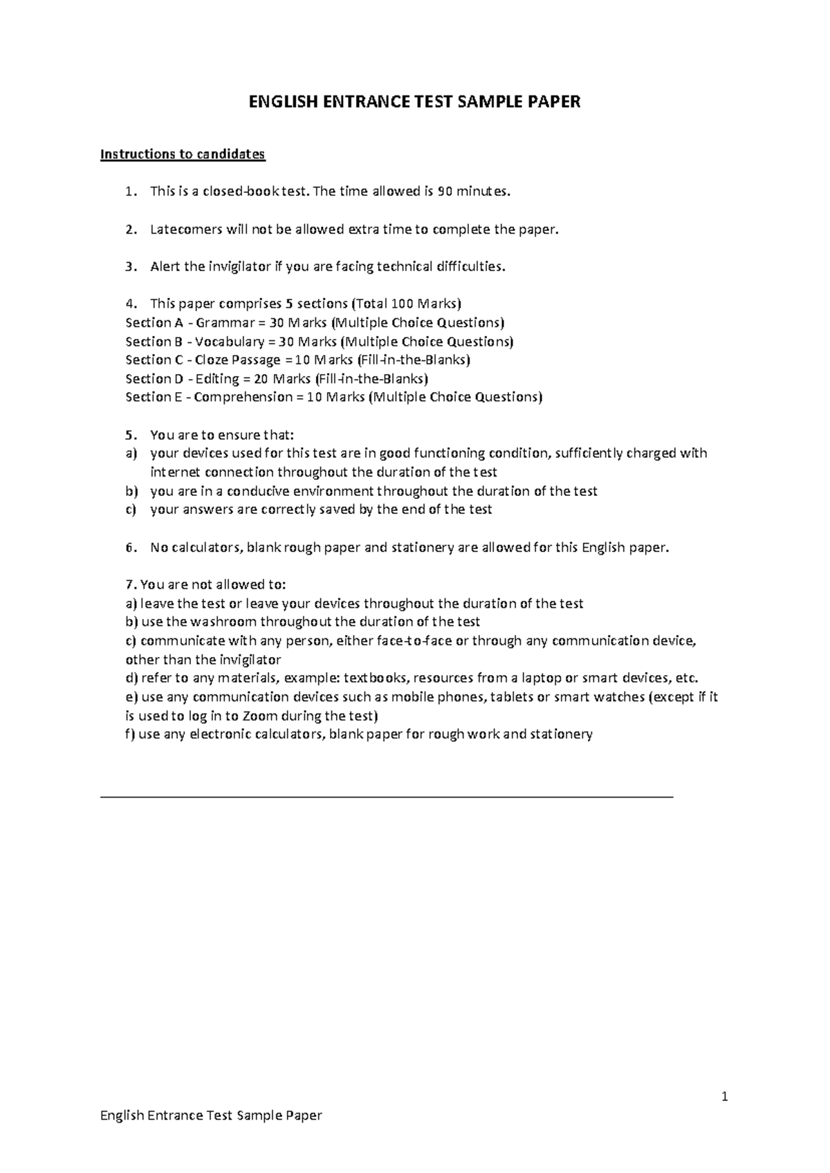 English Entrance Test Sample Paper with Sections A to E - Studocu