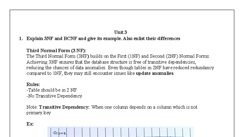 DBMS Solved PYQ-1: Understanding 3NF, BCNF, and Normalization Concepts - Studocu