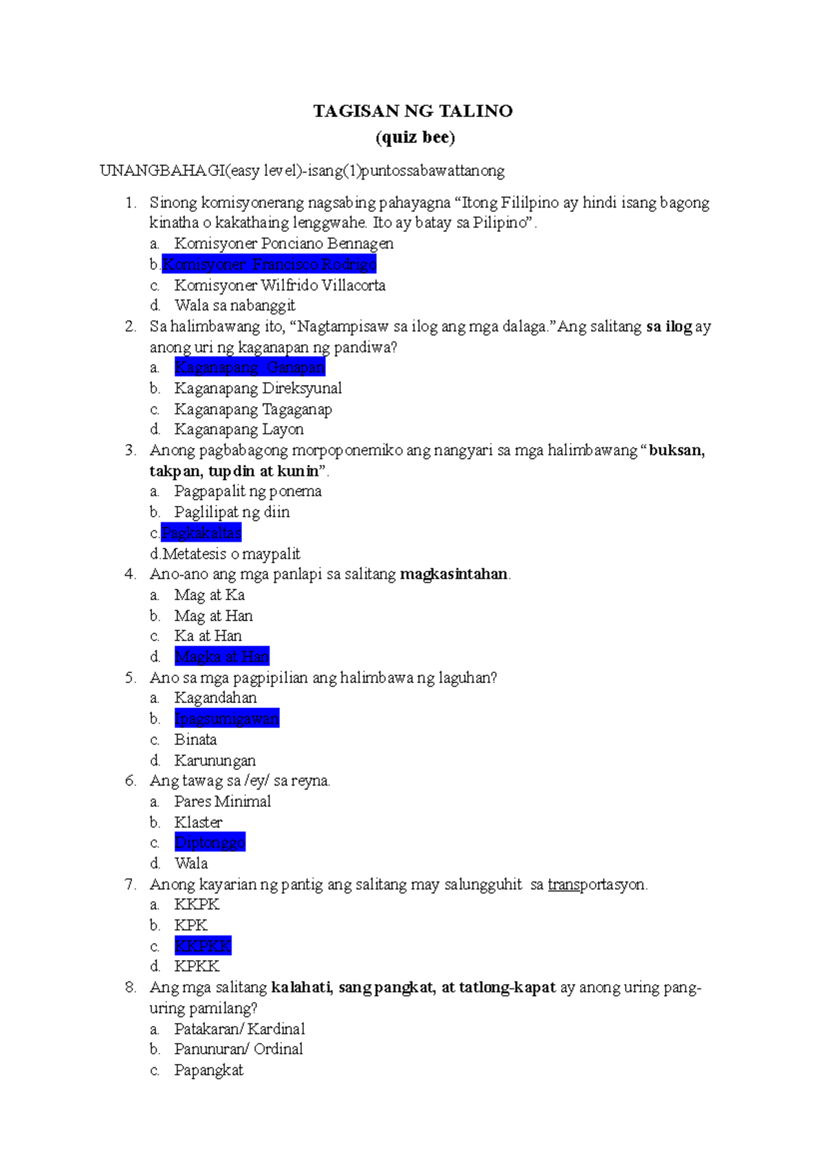 Quiz Bee: Buwan ng Wika, Tagisan ng Talino - Questions & Answers - Studocu