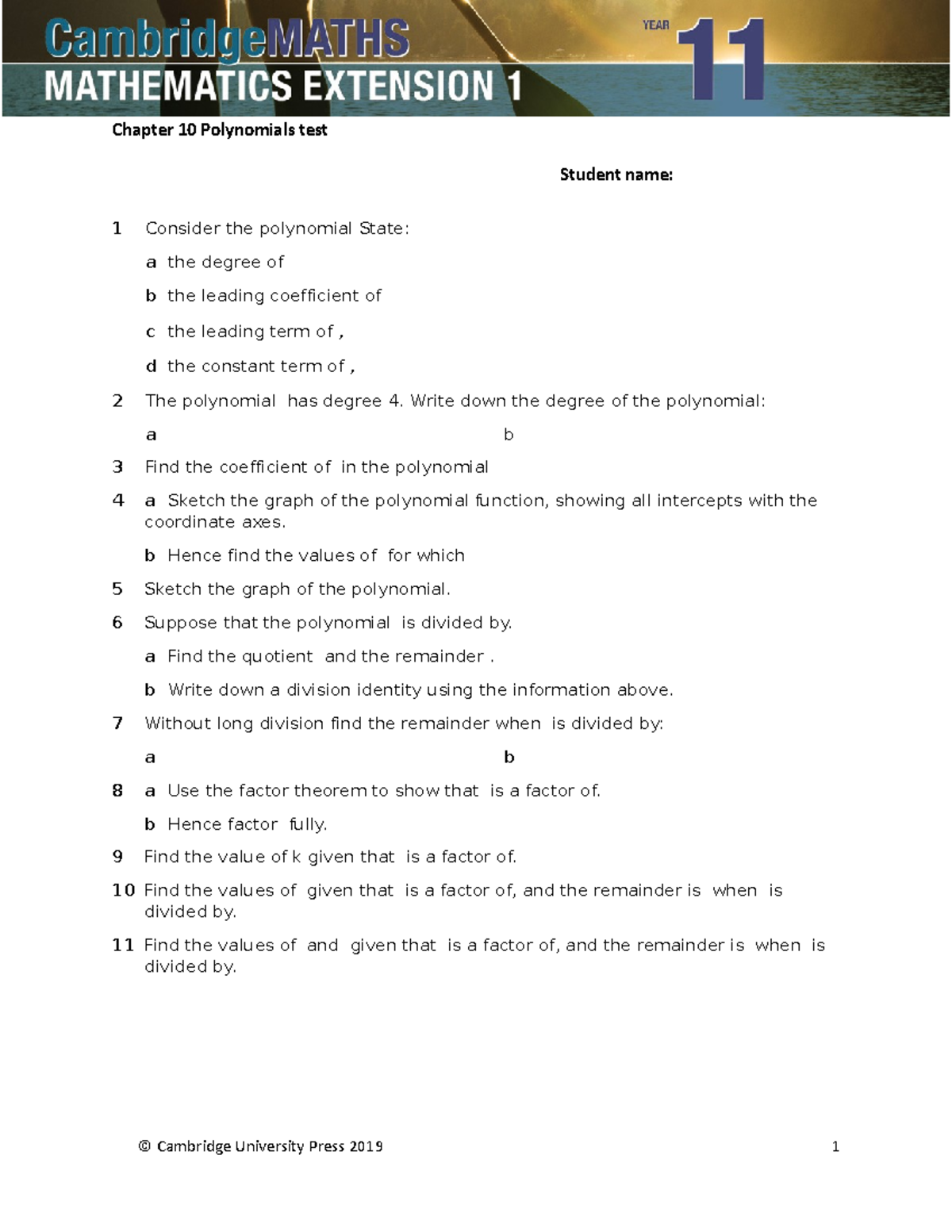 Chapter 10 Polynomials Test - Key Concepts and Solutions - Studocu