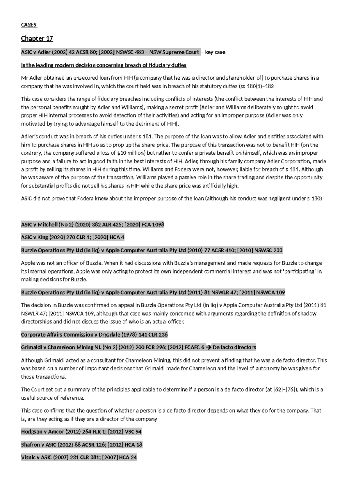 CASES Chapter 17: Key Insights on ASIC v Adler and Related Cases - Studocu