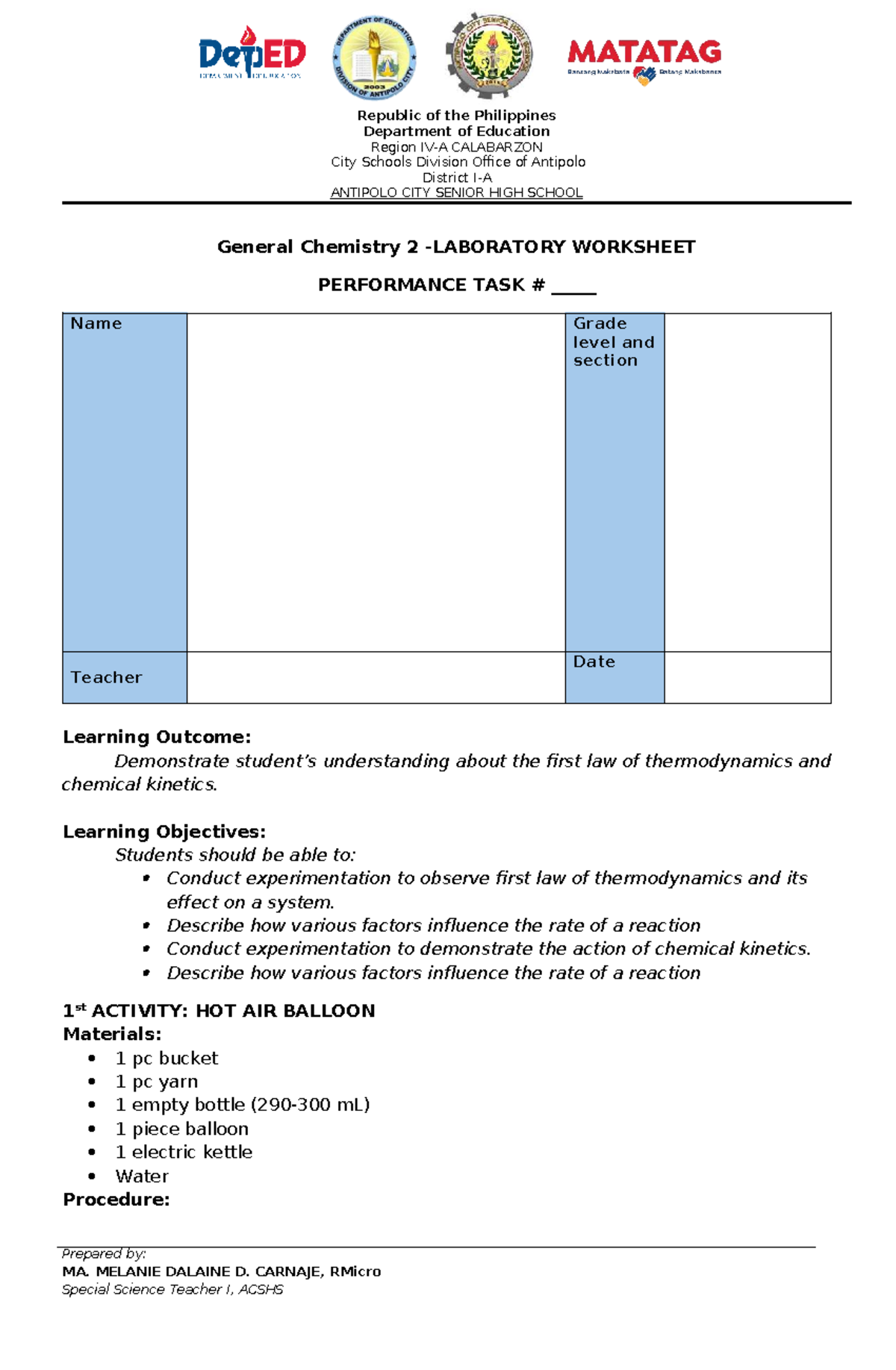 GenChem 2 PT3: Thermodynamics & Chemical Kinetics Worksheet - Studocu