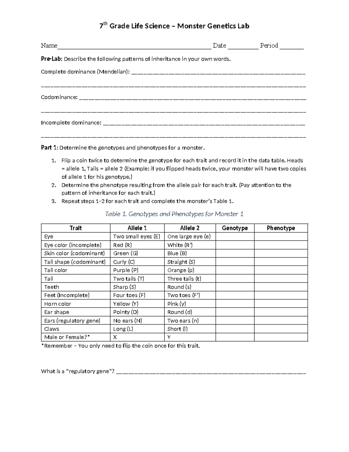 Life Science Lab: Monster Genetics Exploration (Grade 7) - Studocu