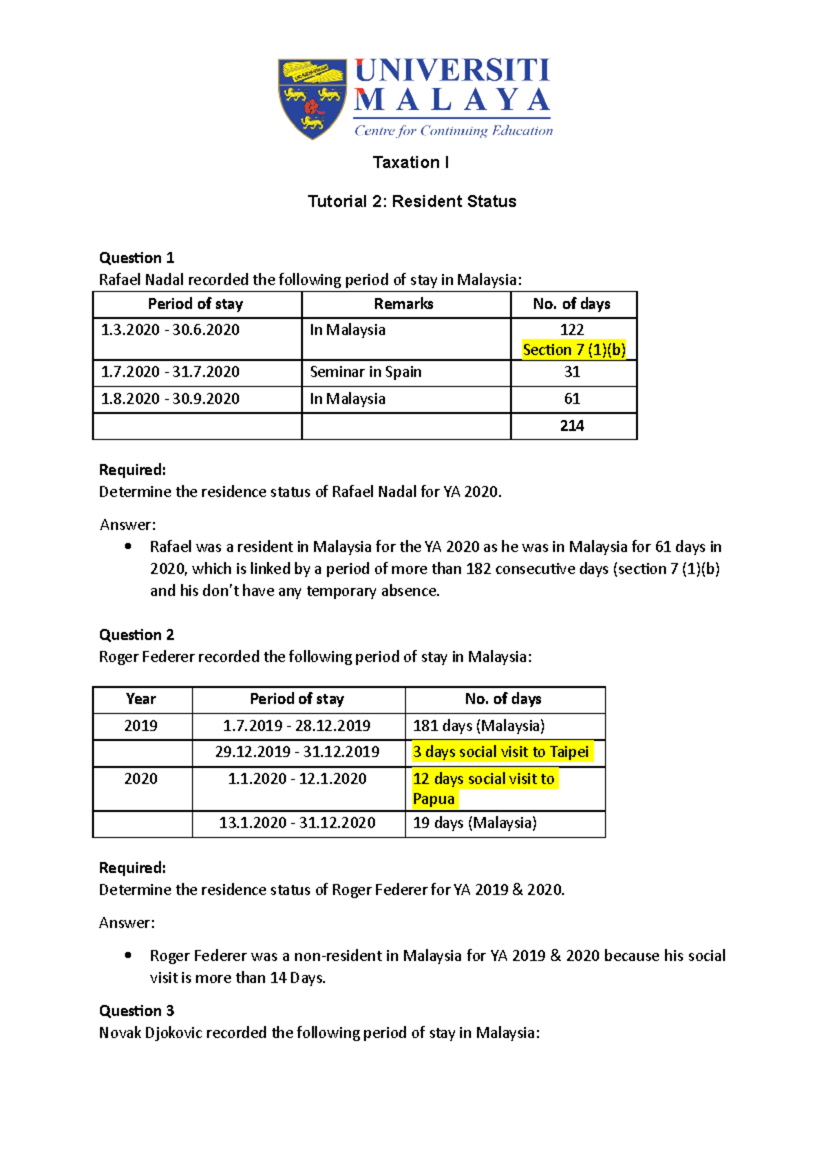 Tutorial 2 Resident Status done - Taxation I Tutorial 2: Resident ...