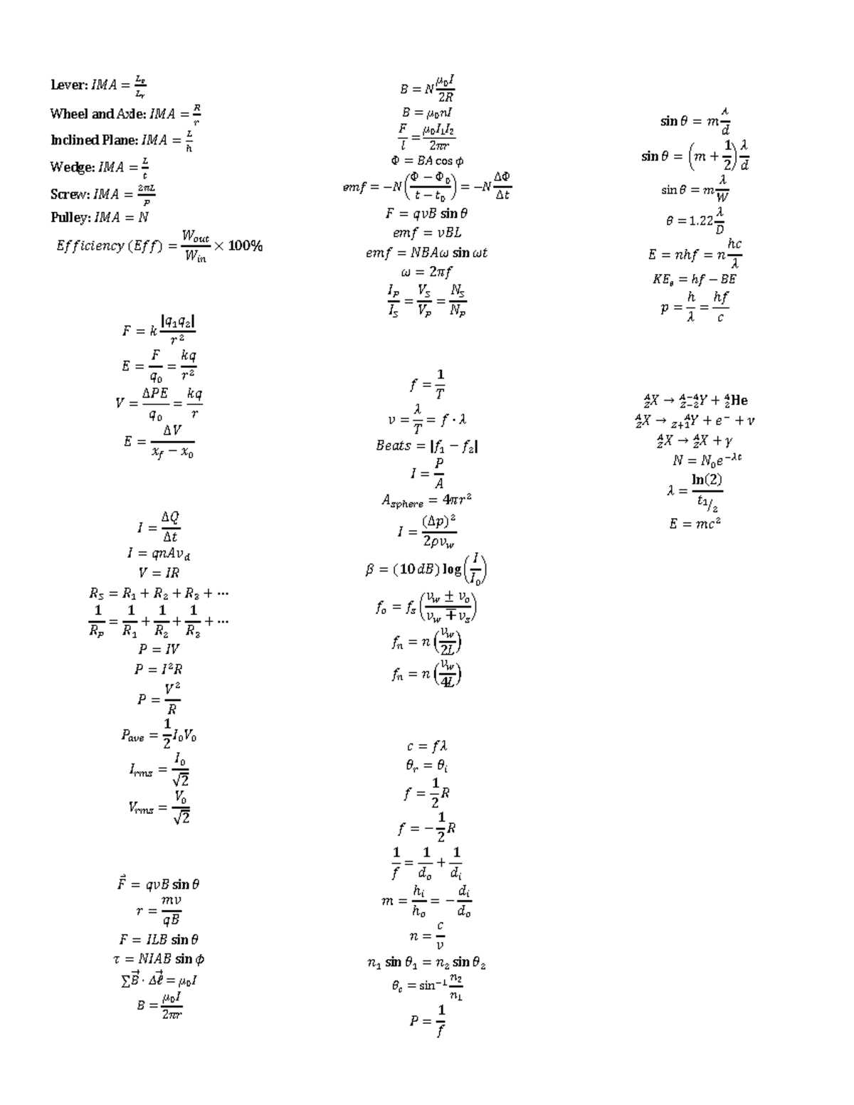 Physics Formula Sheet: Key Concepts and Equations for IMA and More ...