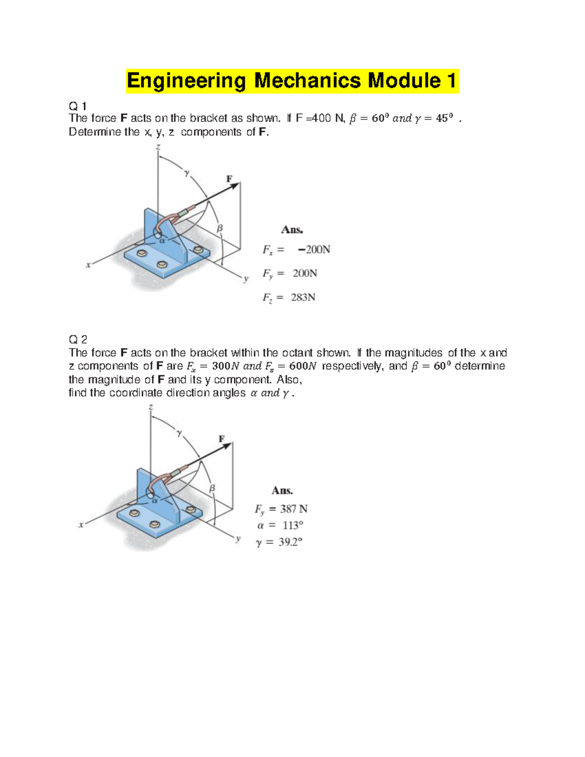 Engineering Mechanics Module 1 Problem Set and Solutions - Studocu