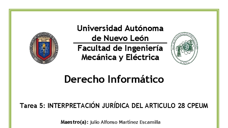 1960765 Tarea 5: Interpretación Jurídica del Artículo 28 CPEUM - Studocu