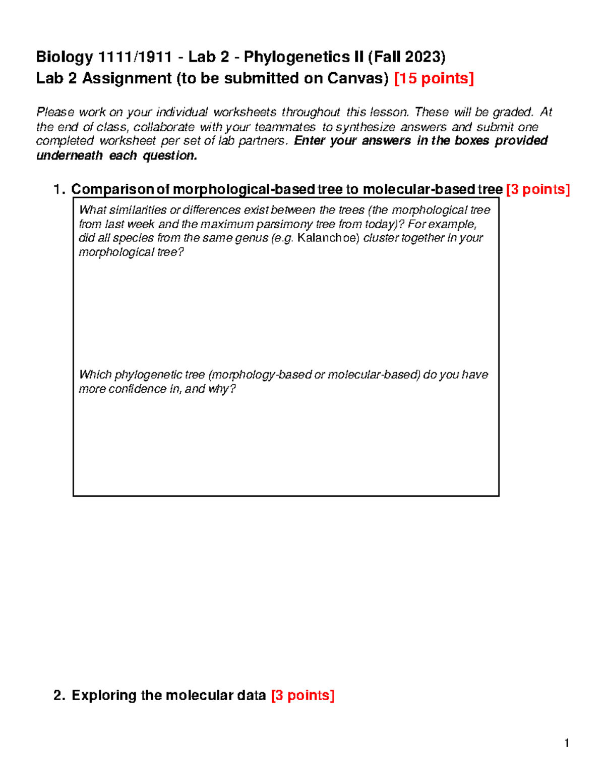 Biology 1111/1911 - Lab 2 Assignment: Phylogenetics II (Fall 2023 ...