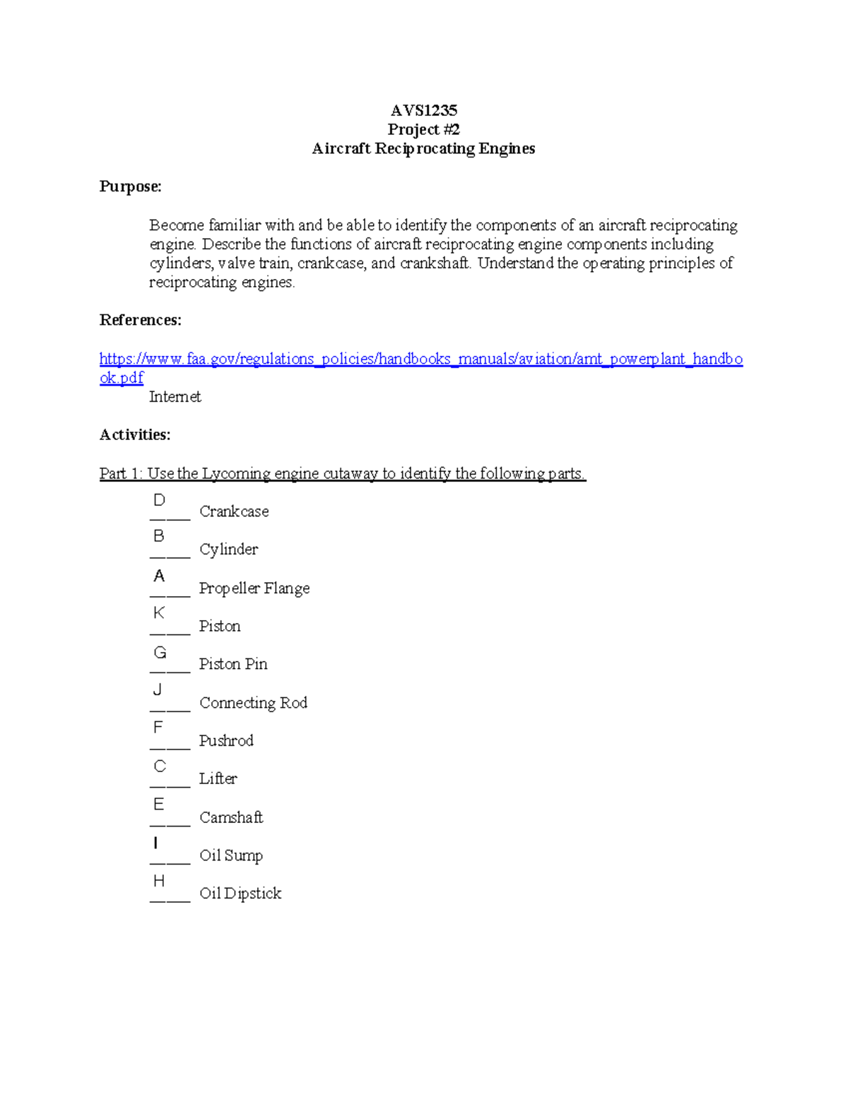 AVS1235 Lab 2: Understanding Aircraft Reciprocating Engines Components ...