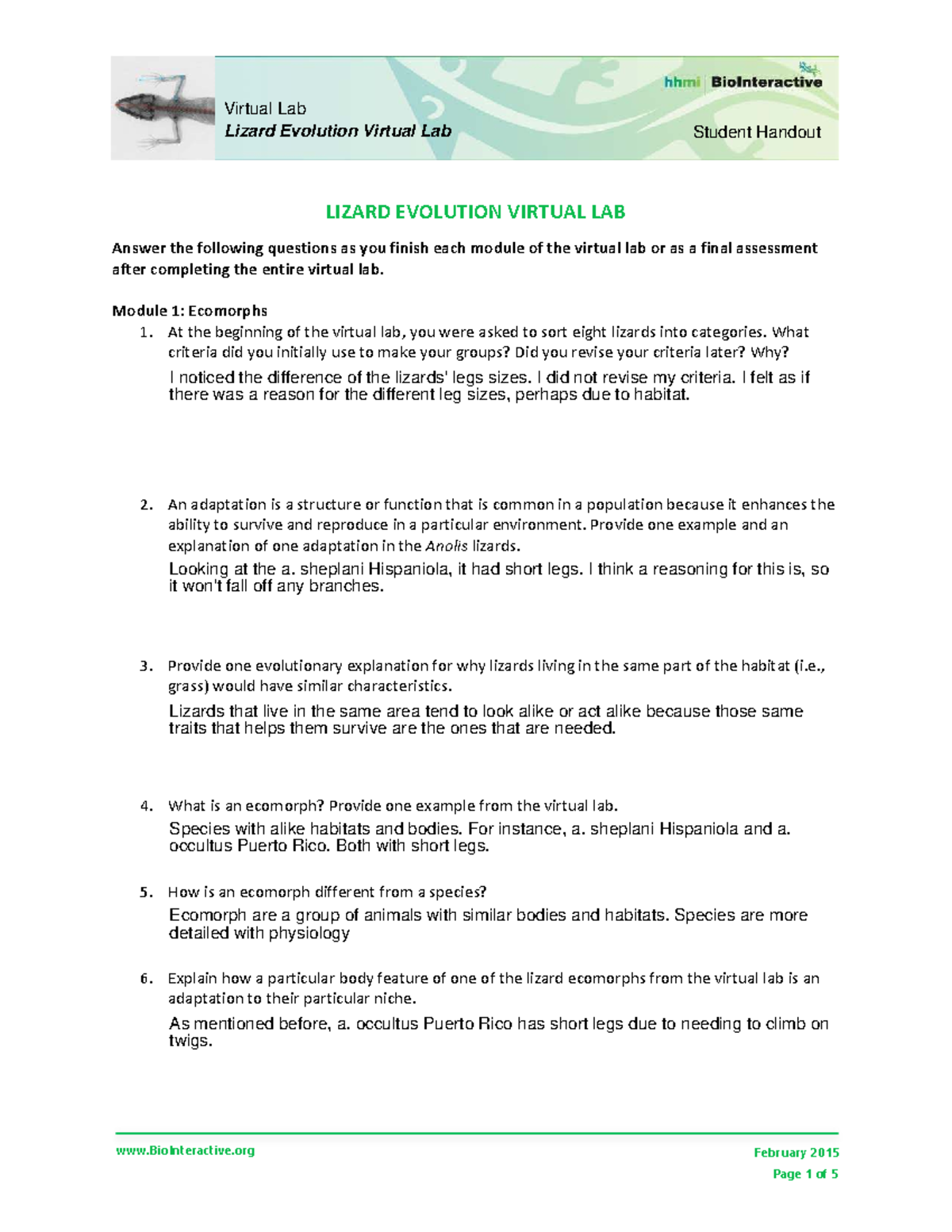 LIZARD EVOLUTION VIRTUAL LAB Worksheet - Student Handout - Studocu
