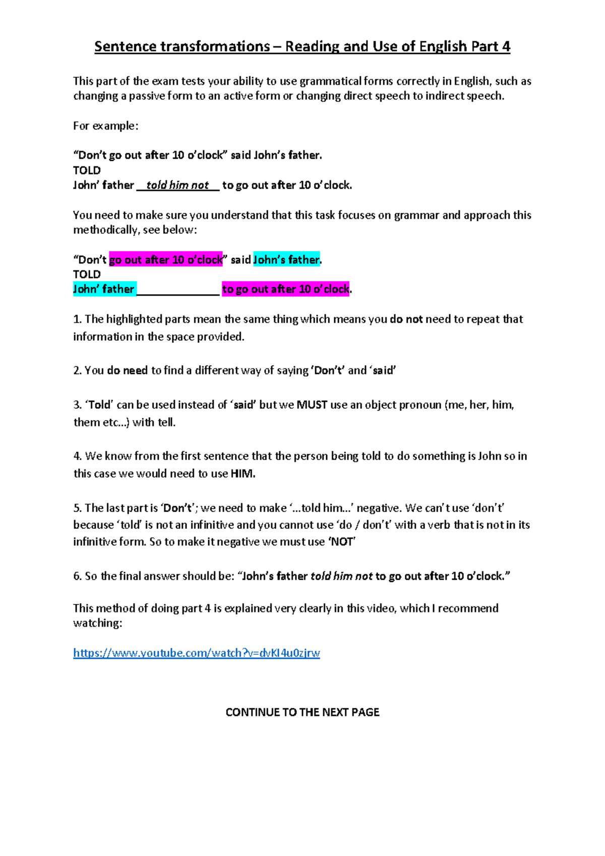 B2 Sentence transformations Part 4 guide - Sentence transformations – Reading and Use of English ...