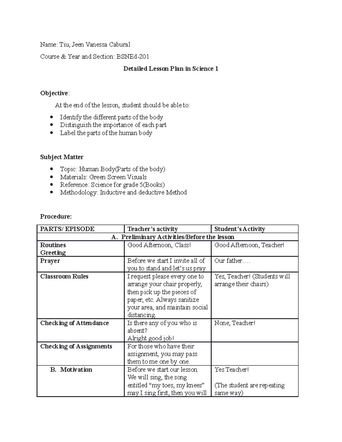 Detailed Lesson Plan for Science 1: Human Body Parts (BSNEd) - Studocu