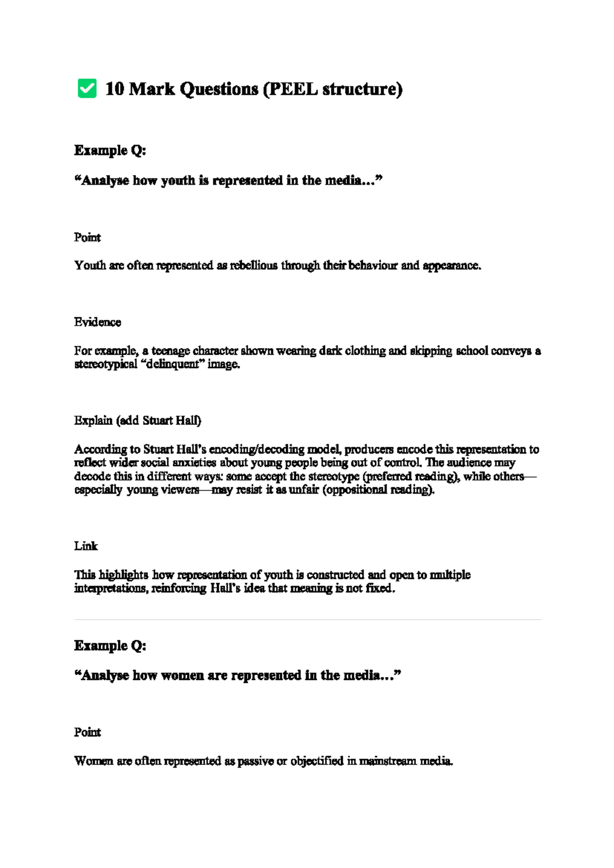 Unit 1 Media: 10 & 20 Mark Questions on Representation Analysis - Studocu