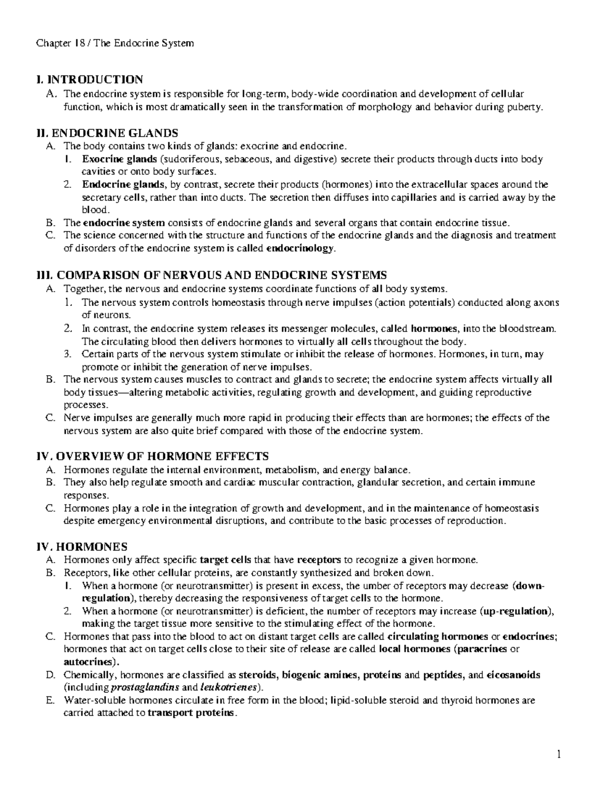 Final Exam Notes on Endocrine System (BIO 101) - I. INTRODUCTION A. The ...