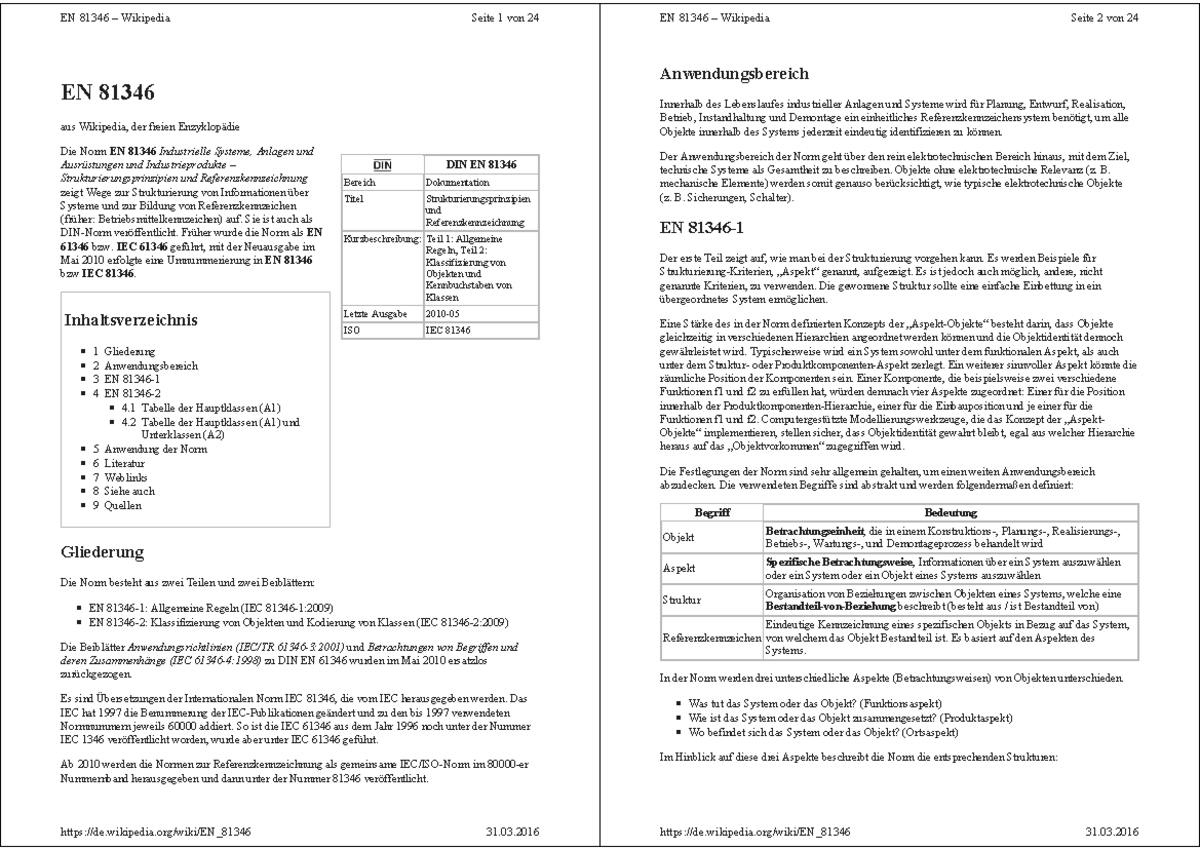 EN 81346 - Wichtige Tabelle der Klassen und Kennbuchstaben - Studocu