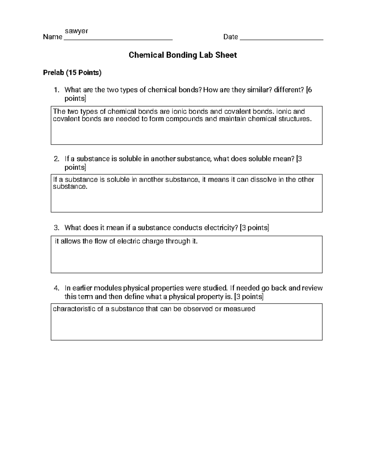 Chemical Bonding Lab Sheet Prelab (15 Points) - Ionic vs Covalent - Studocu