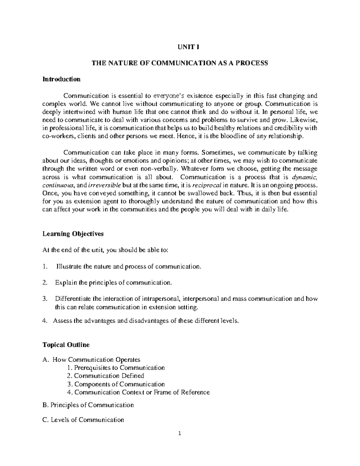 UNIT 1: Understanding the Nature of Communication Process - Studocu