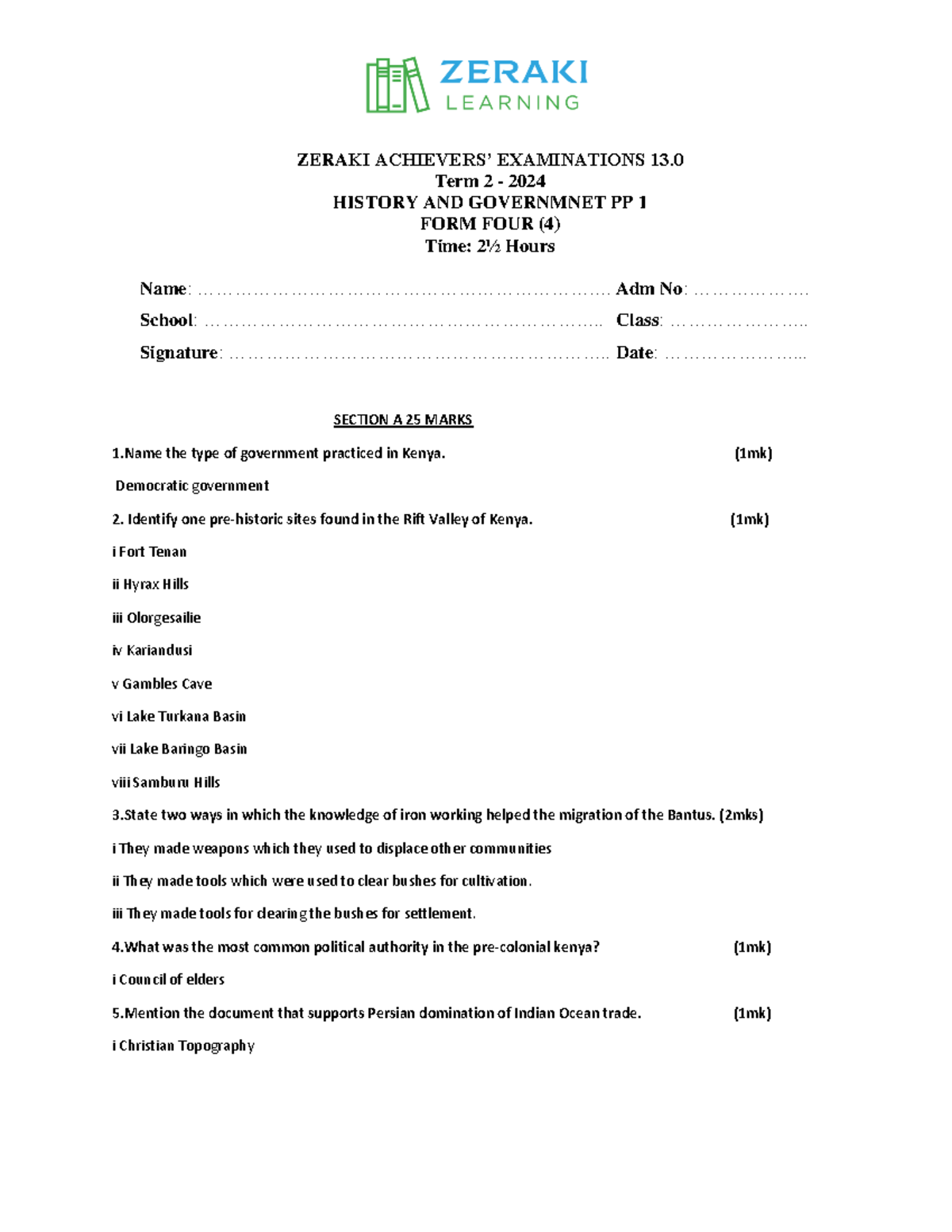 HISTORY AND GOVERNMENT PP1 FORM 4 MARKING SCHEME - TERM 2 2024 - Studocu