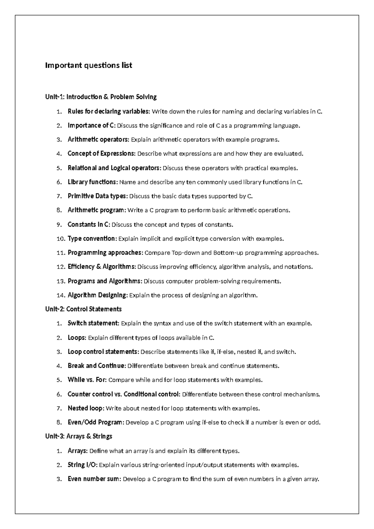 C Programming Important Questions List for IP - Studocu