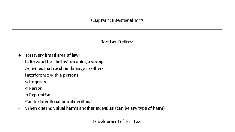 Tort Law Overview: Chapter 4 - Intentional Torts (Week 4 Lecture) - Studocu