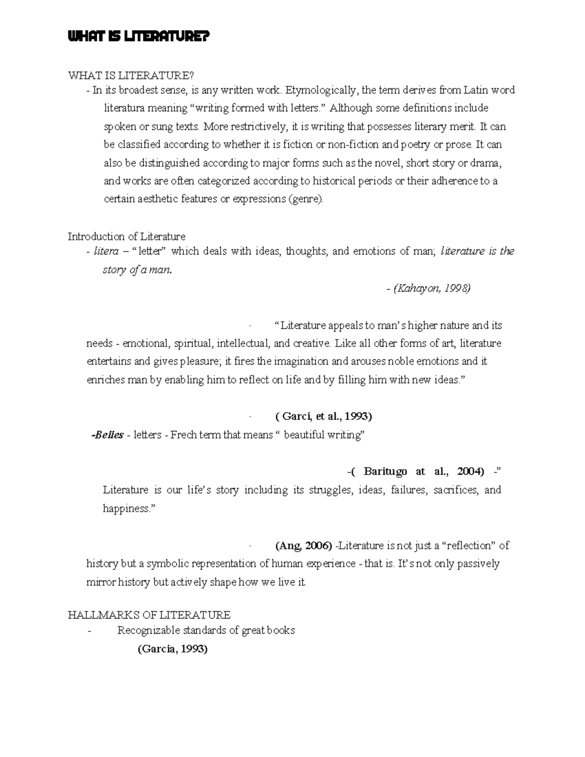 LIT101: Understanding Literature - Key Concepts and Functions - Studocu