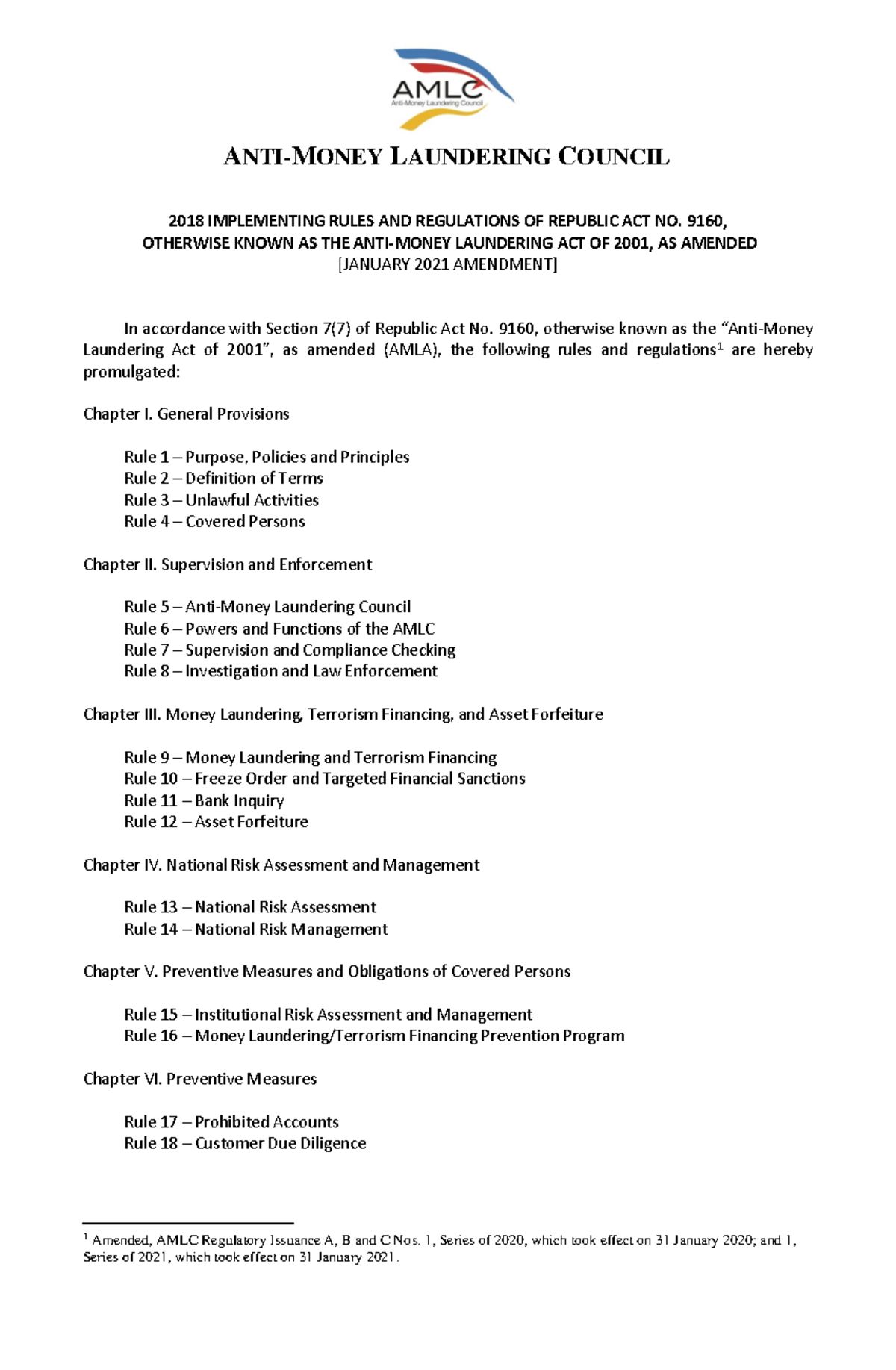 2018 IRR of AMLA 2001: Implementing Rules & Regulations - Studocu
