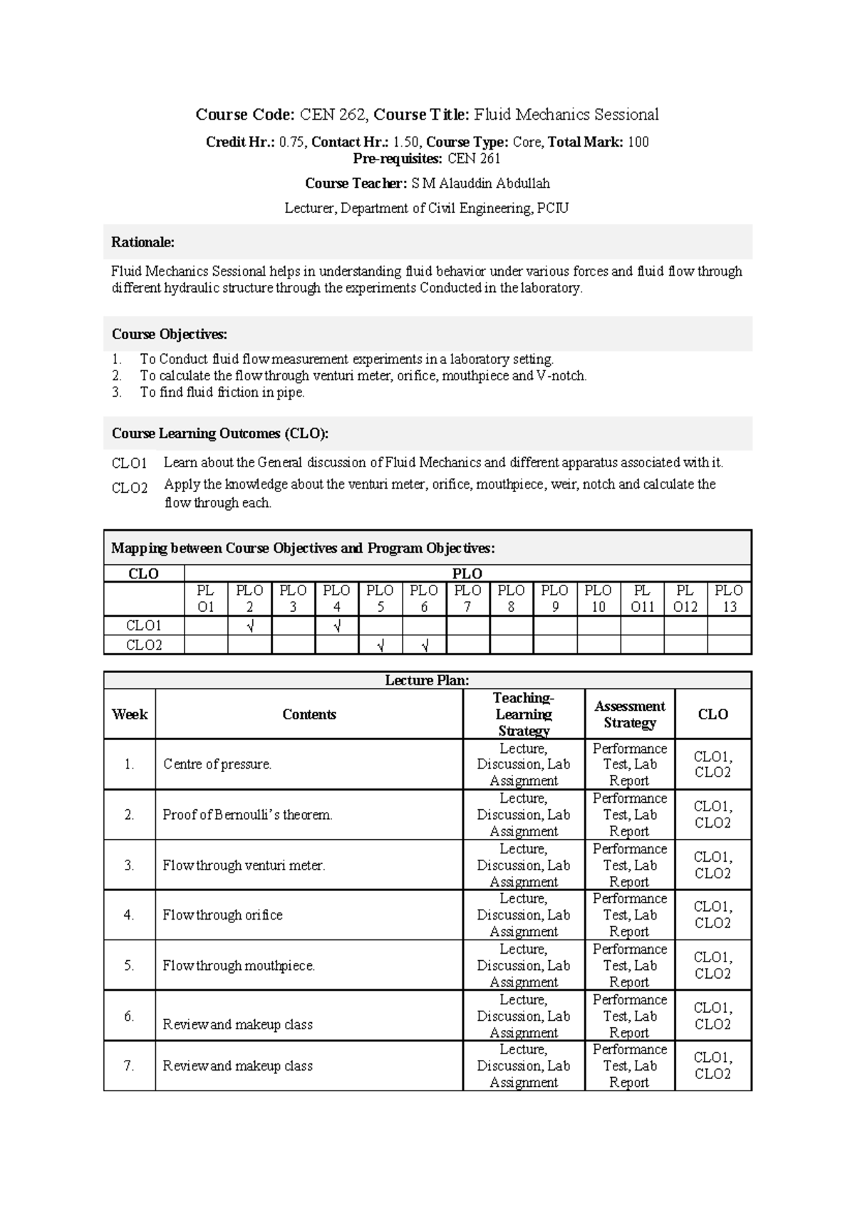 CEN 262 Lesson Plan: Fluid Mechanics Sessional Overview - Studocu