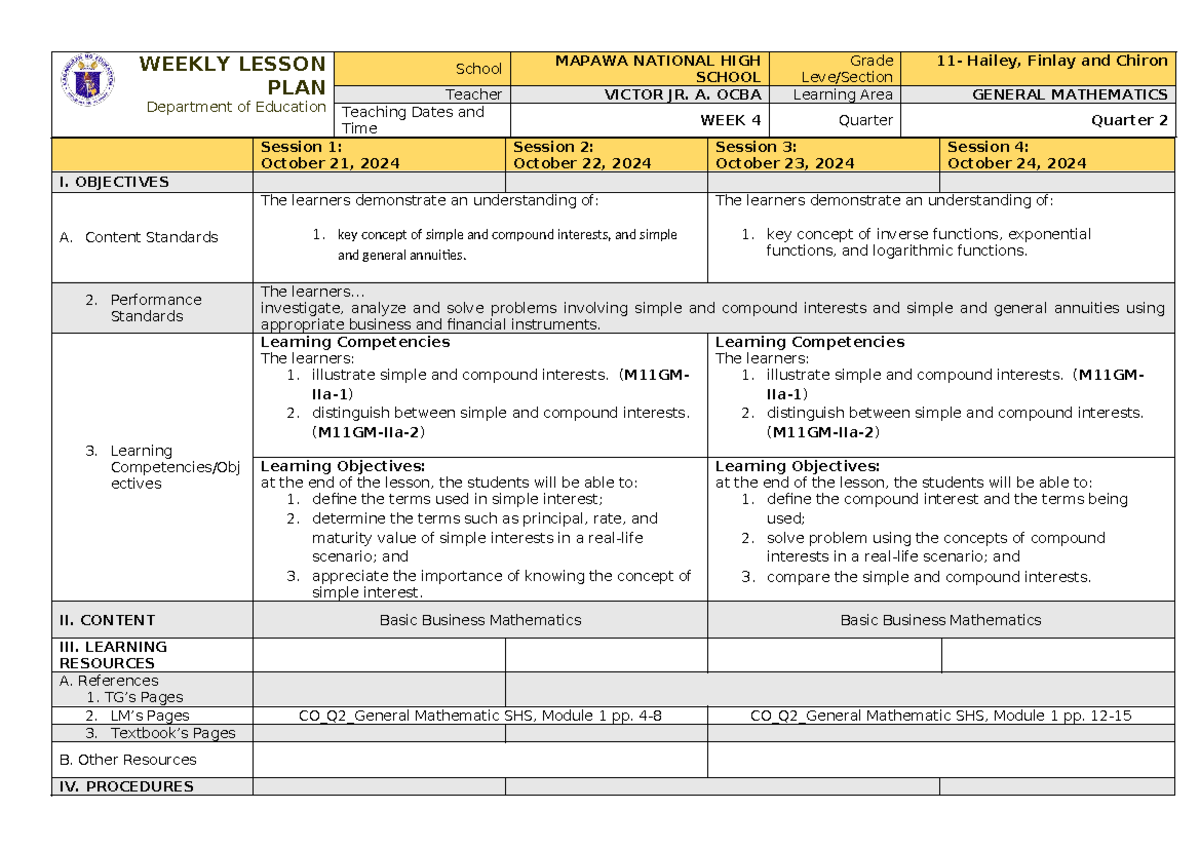 DLP Week 4 Q2: General Mathematics Lesson Plan on Interest Concepts ...