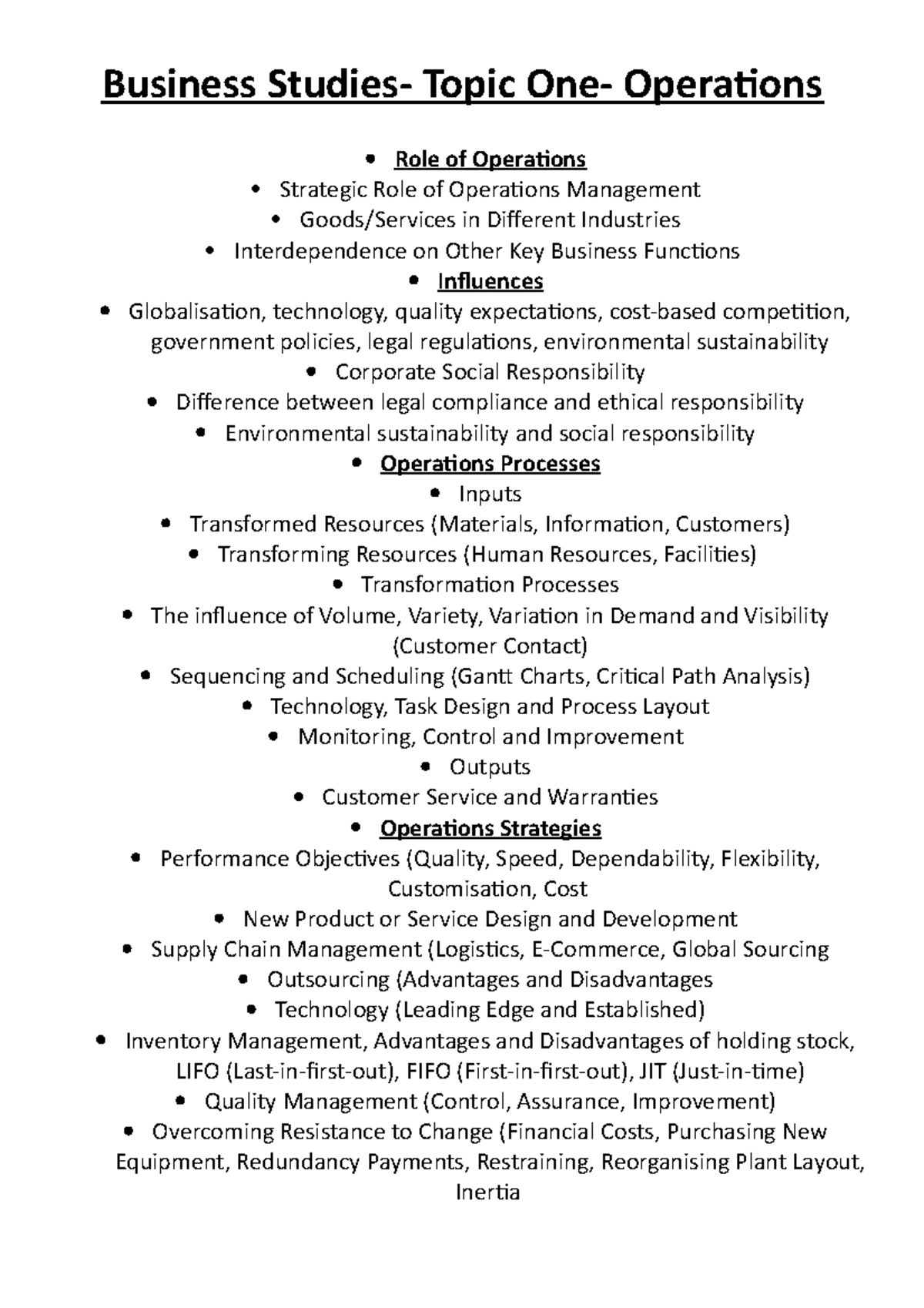 Business Studies (BS101) Operations Management Notes - Studocu
