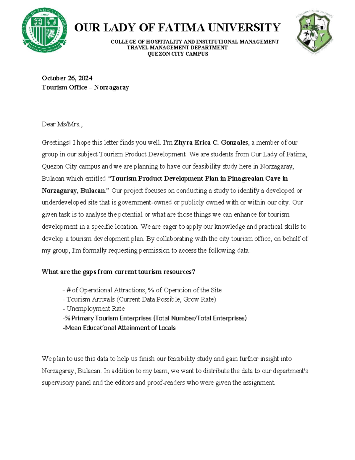 Tourism Product Development Feasibility Study Request Letter - Studocu