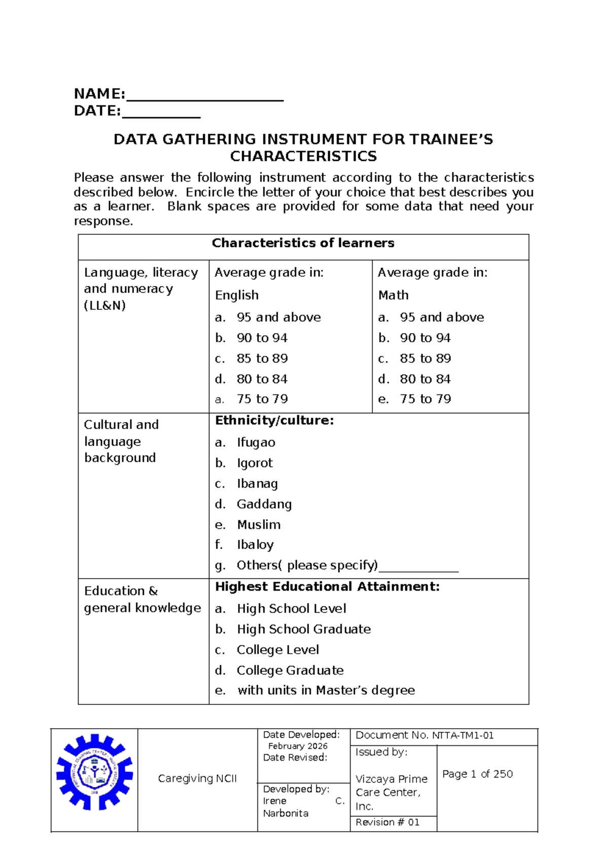 DATA Gathering Instrument for Learner Characteristics Analysis - Studocu