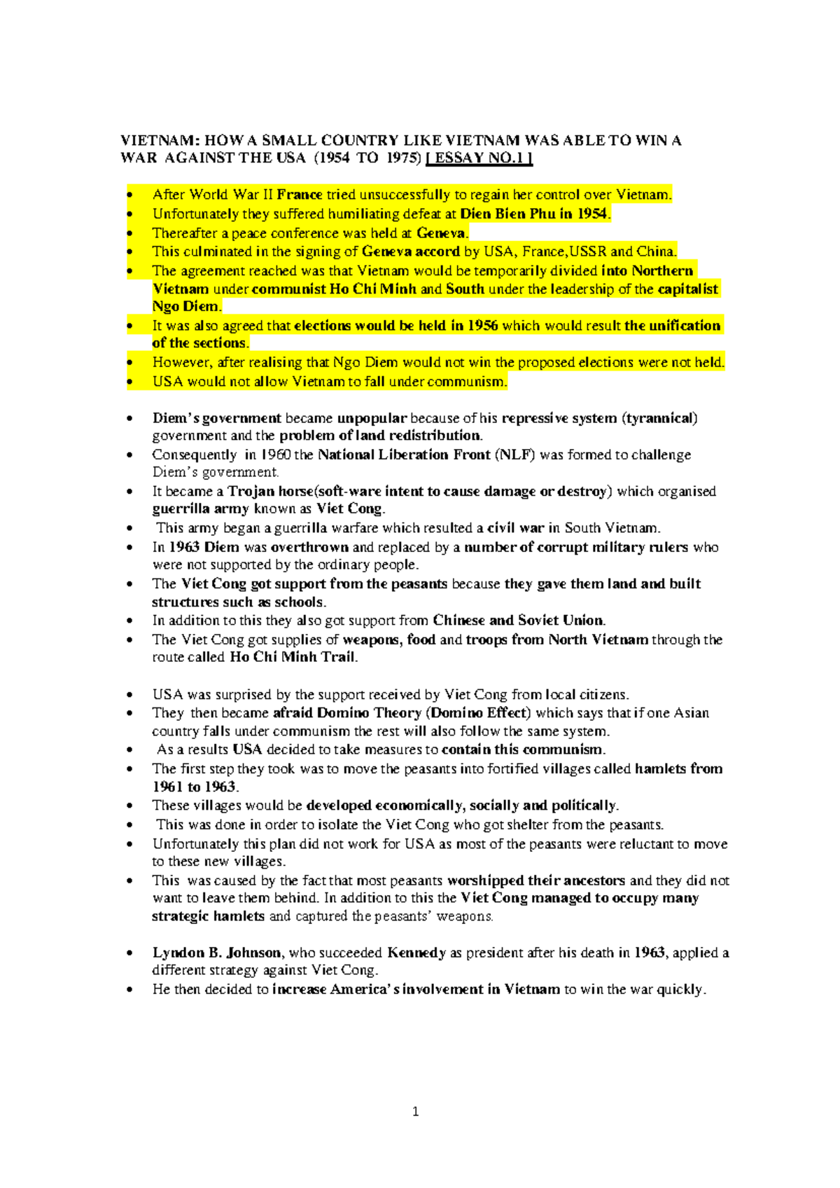 Vietnam Essay Notes: Analyzing U.S. Involvement (1954-1975) - Studocu