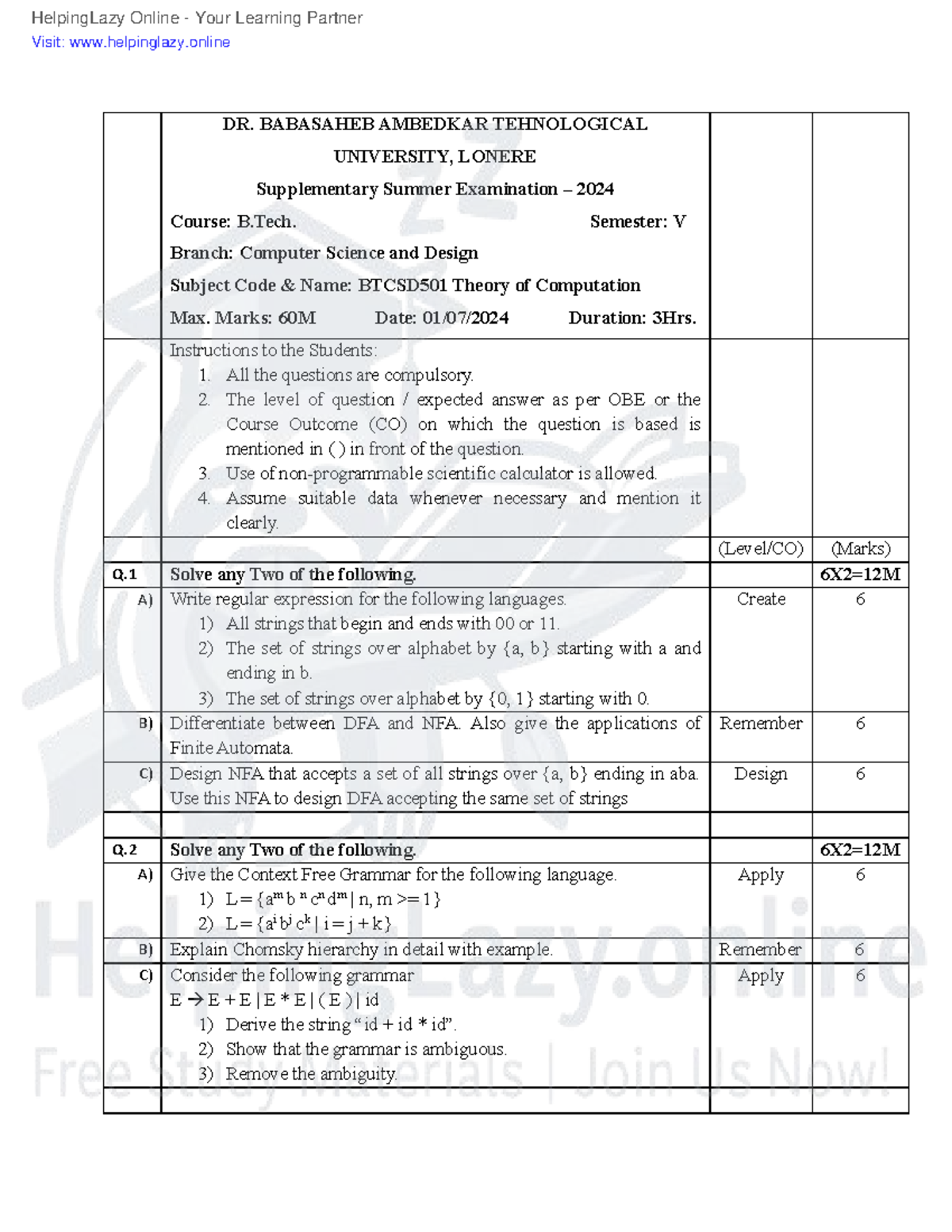 TOC QP 2 - BTCSD501 Theory of Computation Supplementary Exam 2024 - Studocu