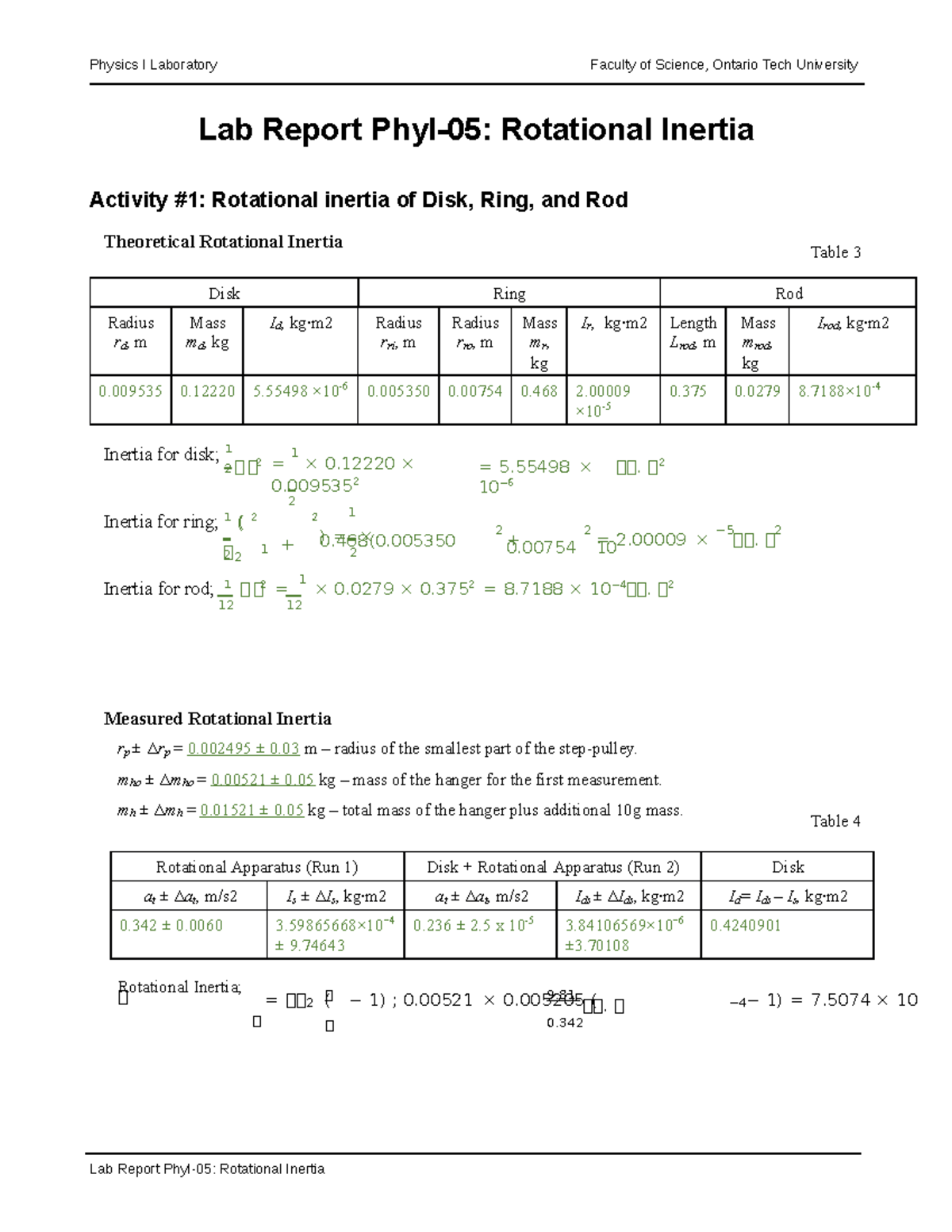 Rotational Inertia Report - Lab Report PhyI-05: Rotational Inertia ...