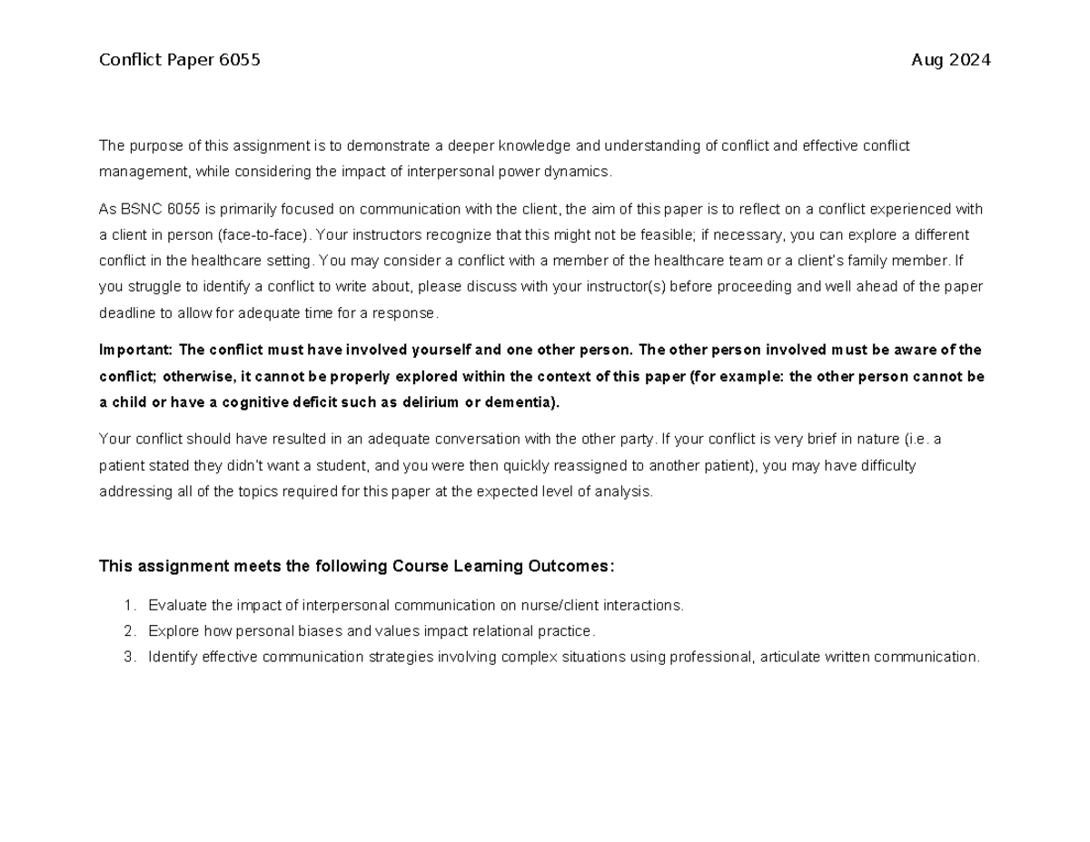 Conflict Management Paper BSNC 6055 - Aug 2024 Analysis and Reflection ...