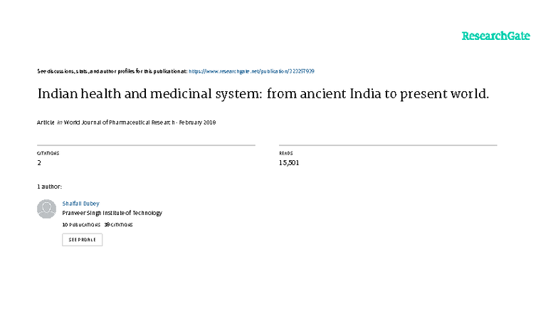 Indian Health & Medicinal System: Ancient to Modern Insights (WJPR ...