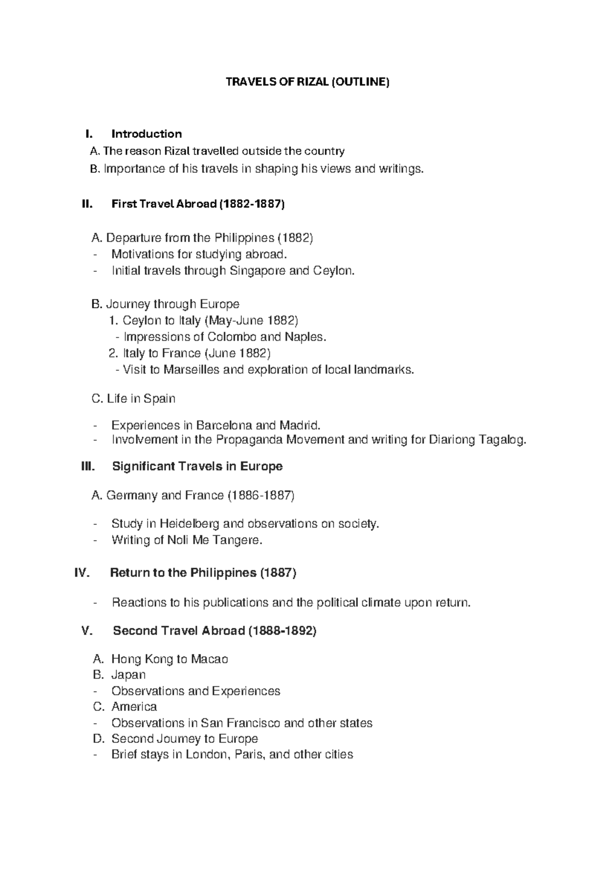 Travels of Rizal Outline - TRAVELS OF RIZAL (OUTLINE) I. Introduction A ...