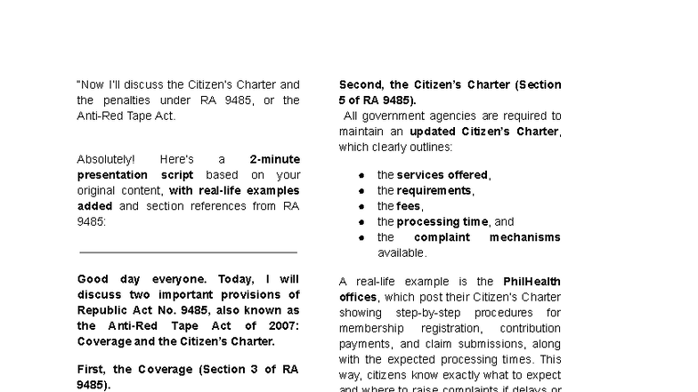 RA 9485 Presentation Script: Coverage & Charter Explained - Studocu
