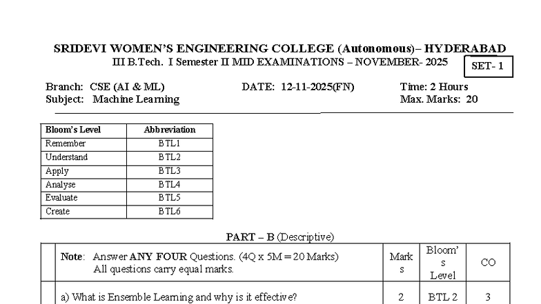 B.Tech I Sem II MID EXAM QP - Machine Learning (CSE AI ML) 2025 - Studocu