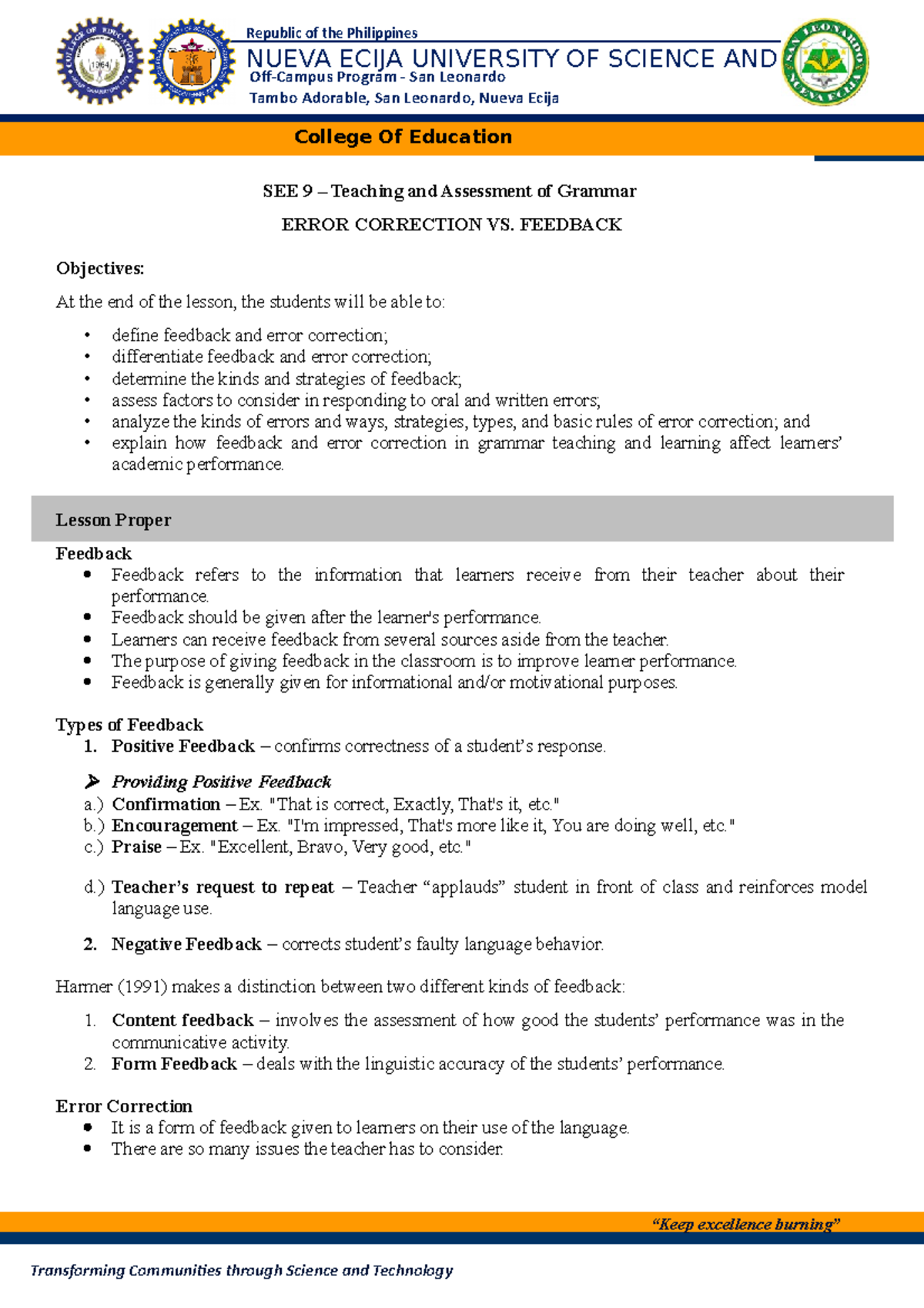 (Handout) Error Correction and Feedback Strategies SEE 9 - Studocu