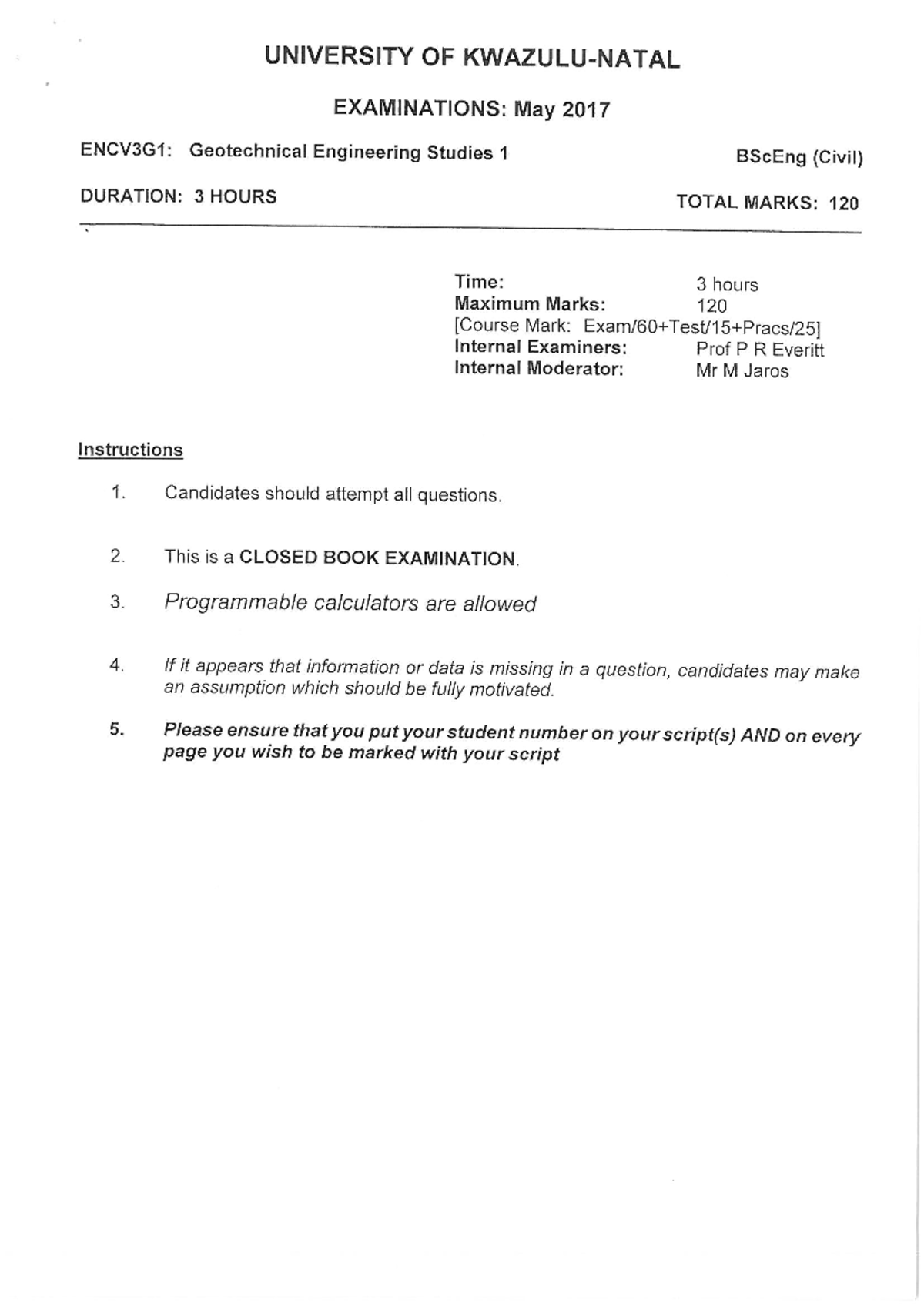 ENCV3G1: Geotechnical Engineering Studies 1 - May 2017 Exam Paper - Studocu