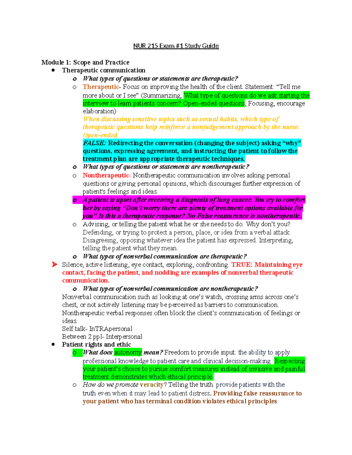 NUR 215 Exam Study Guide: Module 1 - Therapeutic Communication & Ethics ...