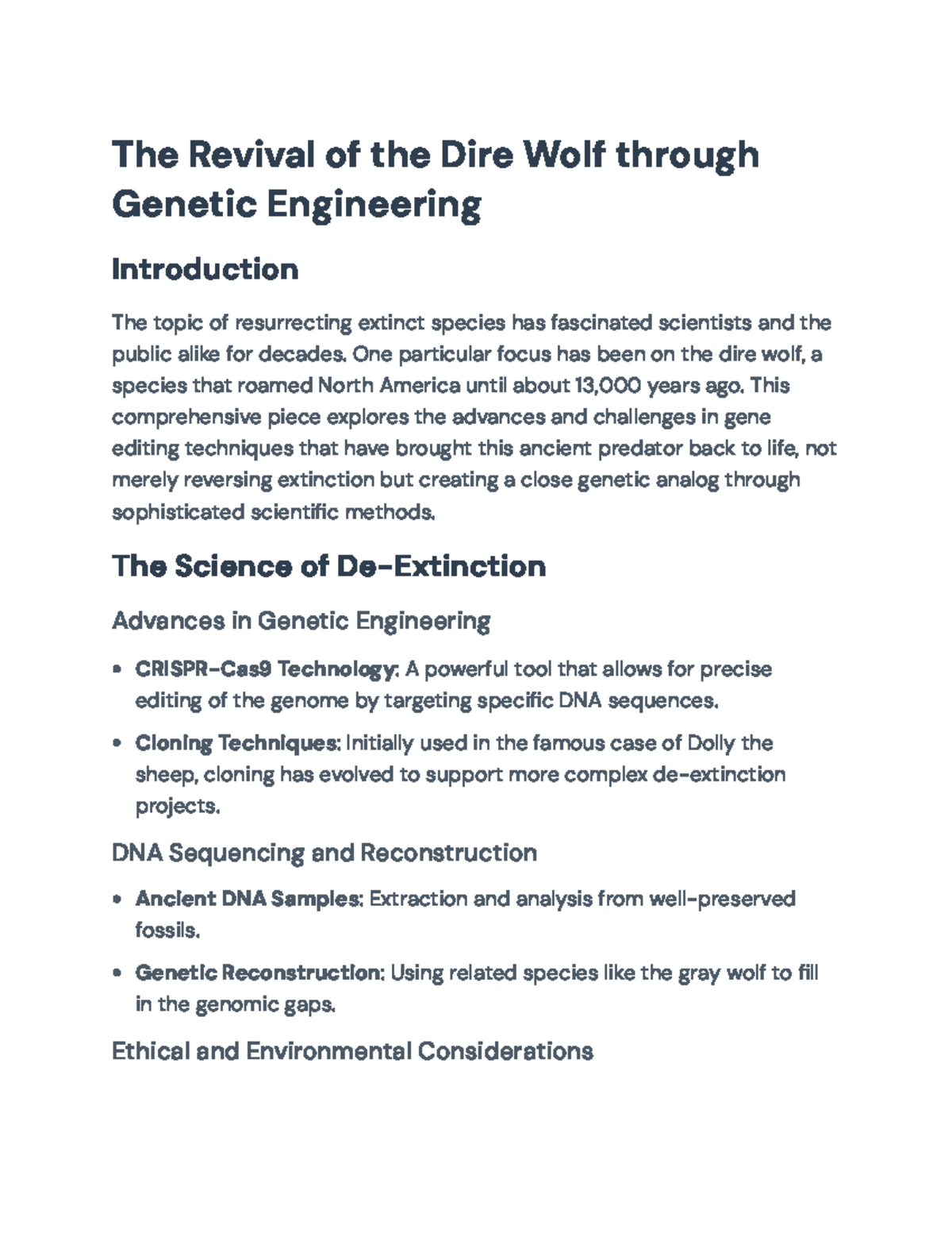 Reviving the Dire Wolf: Genetic Engineering and Ethical Considerations ...